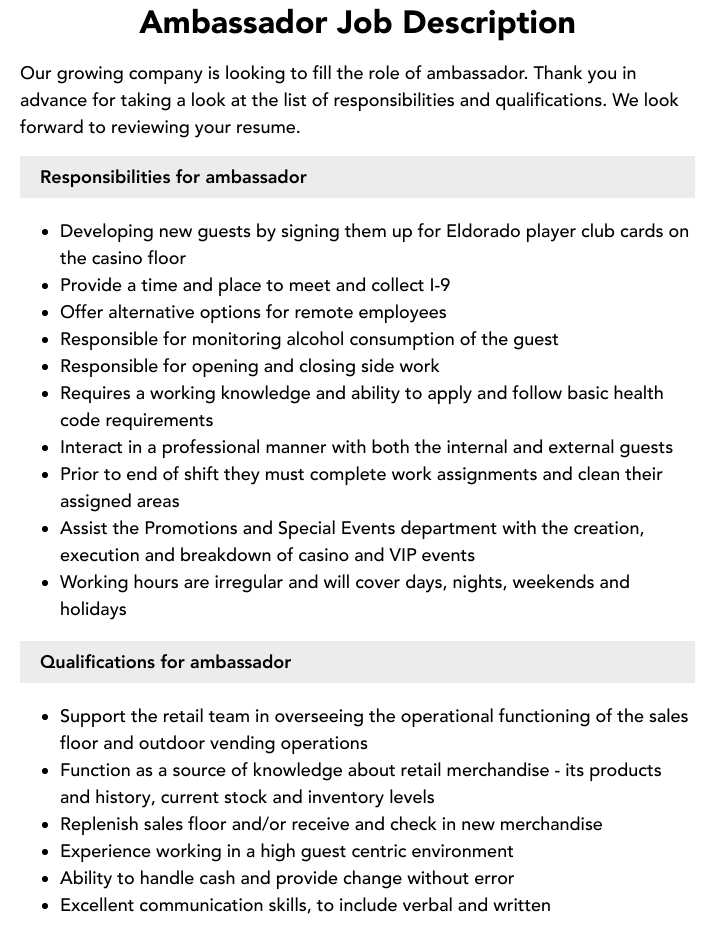 Ambassador Job Description Velvet Jobs