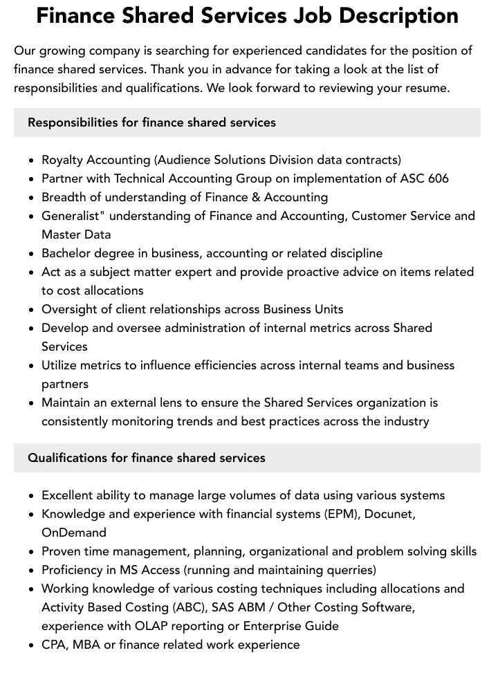Finance Shared Services Job Description Velvet Jobs