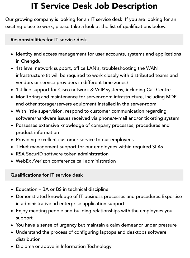 IT Service Desk Job Description Velvet Jobs