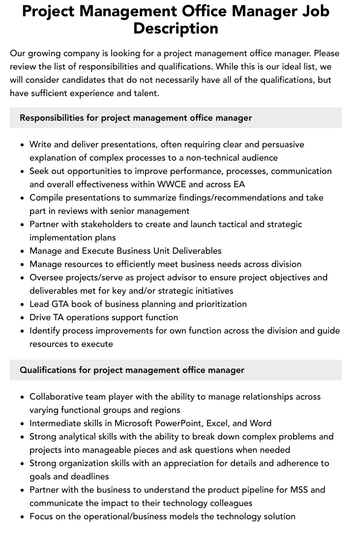 Project Management Office Manager Job Description Velvet Jobs