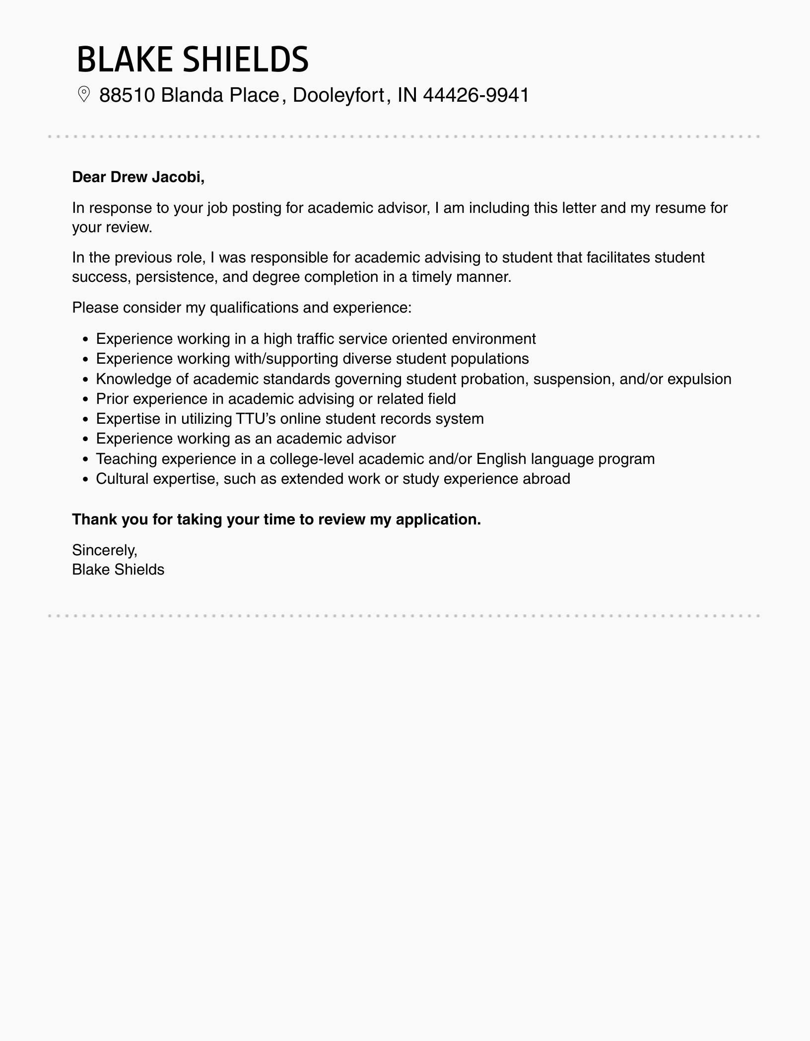 Academic Advisor Cover Letter Velvet Jobs