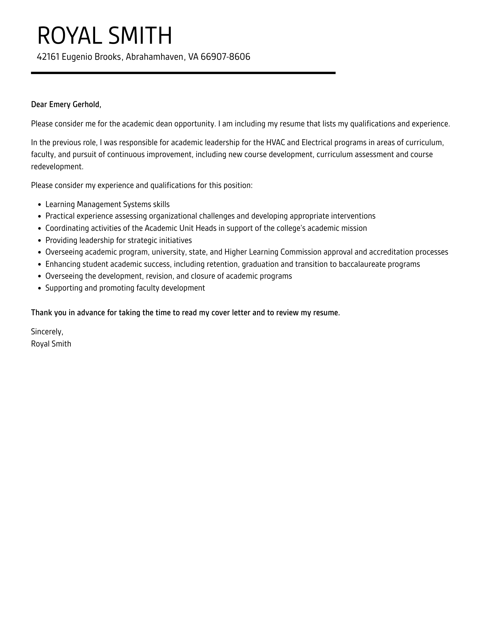 Academic Dean Cover Letter Velvet Jobs