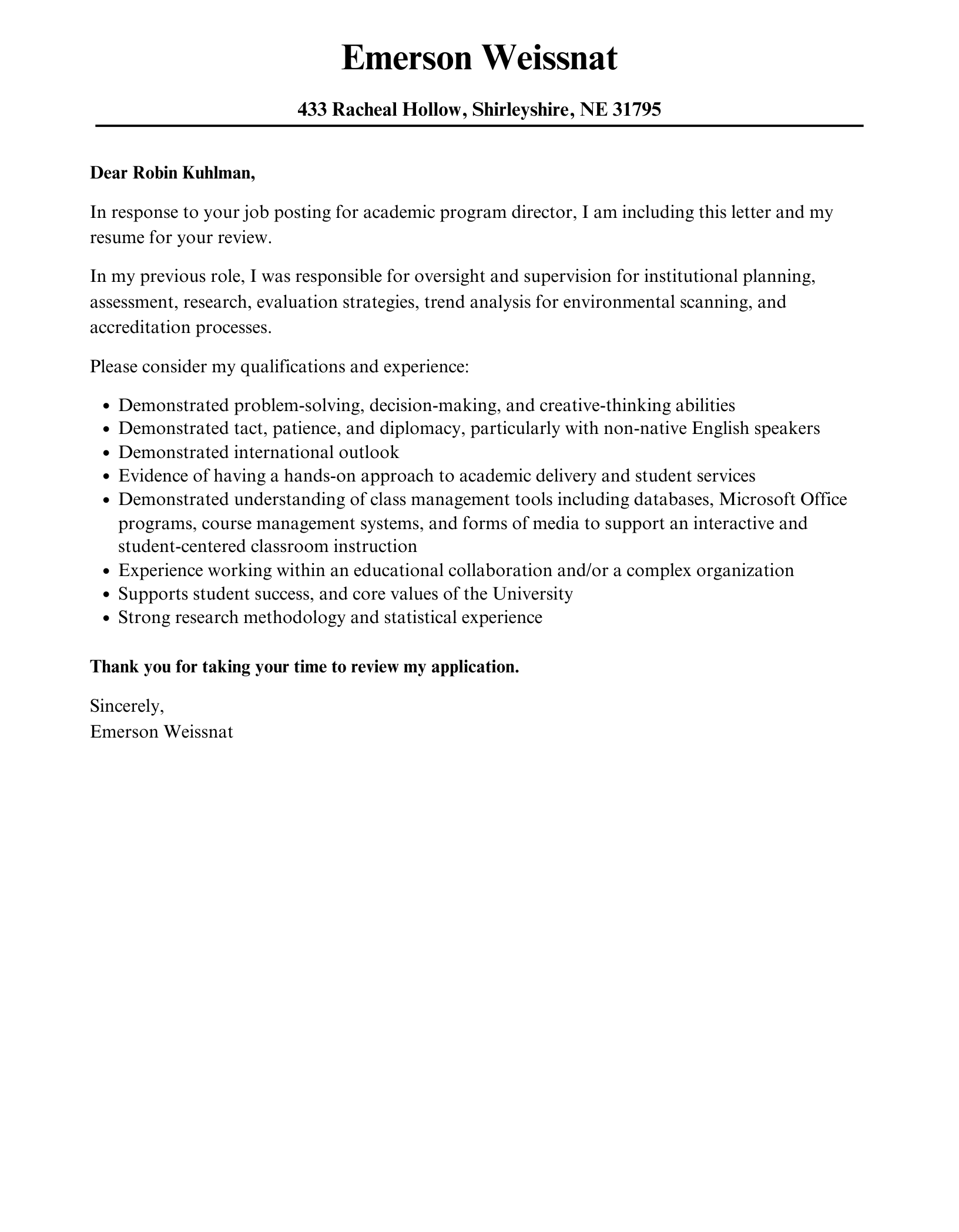 Academic Program Director Cover Letter Velvet Jobs