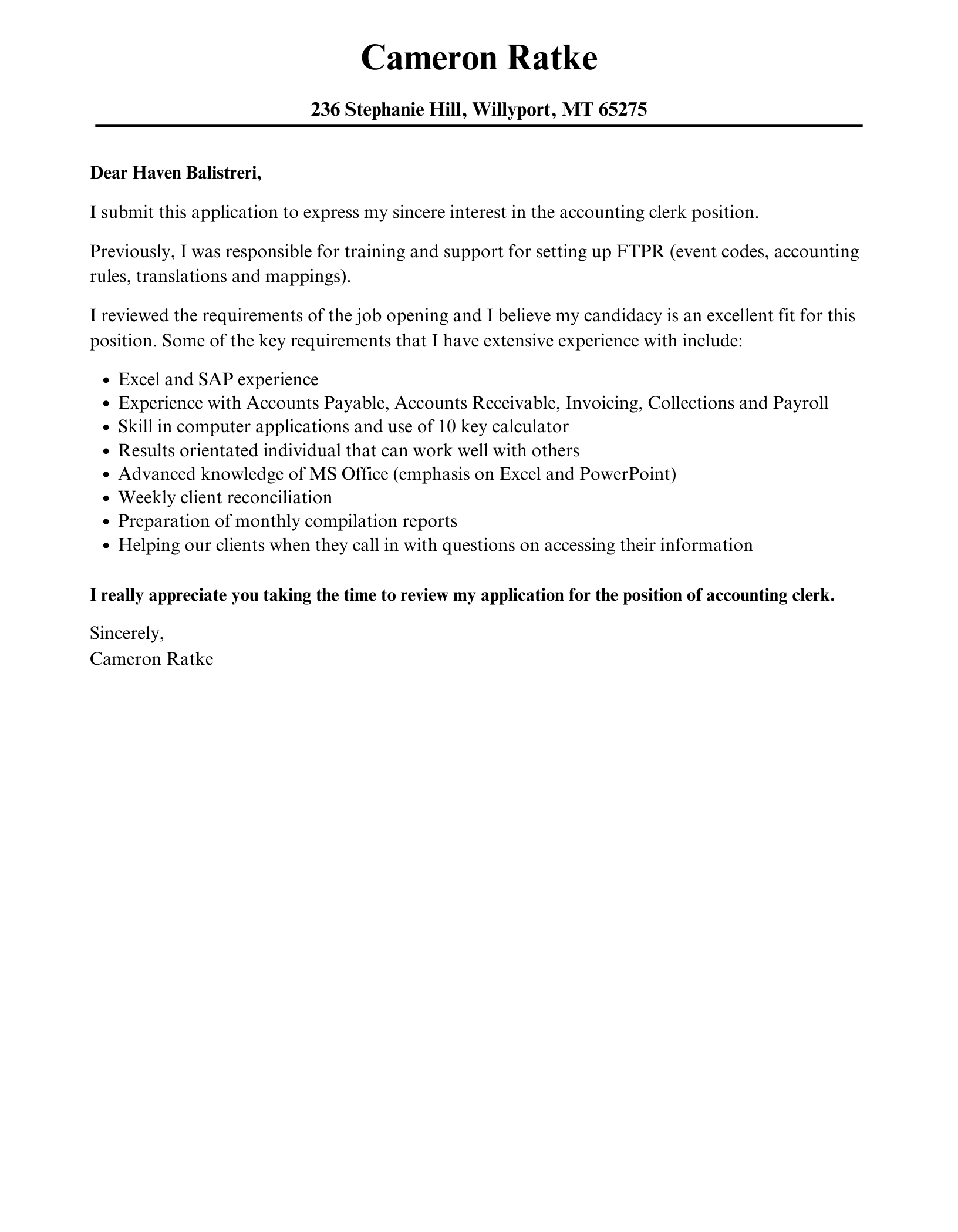 Accounting Clerk Cover Letter