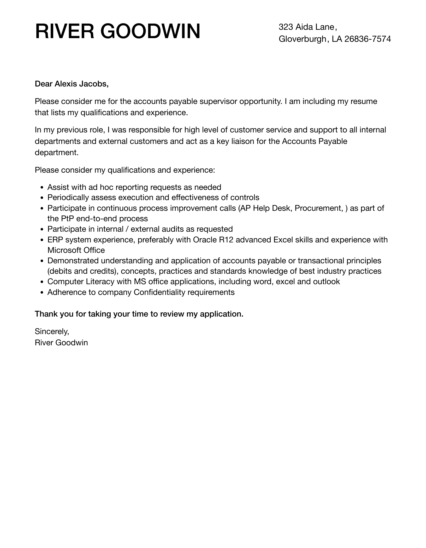 Accounts Payable Supervisor Cover Letter Velvet Jobs