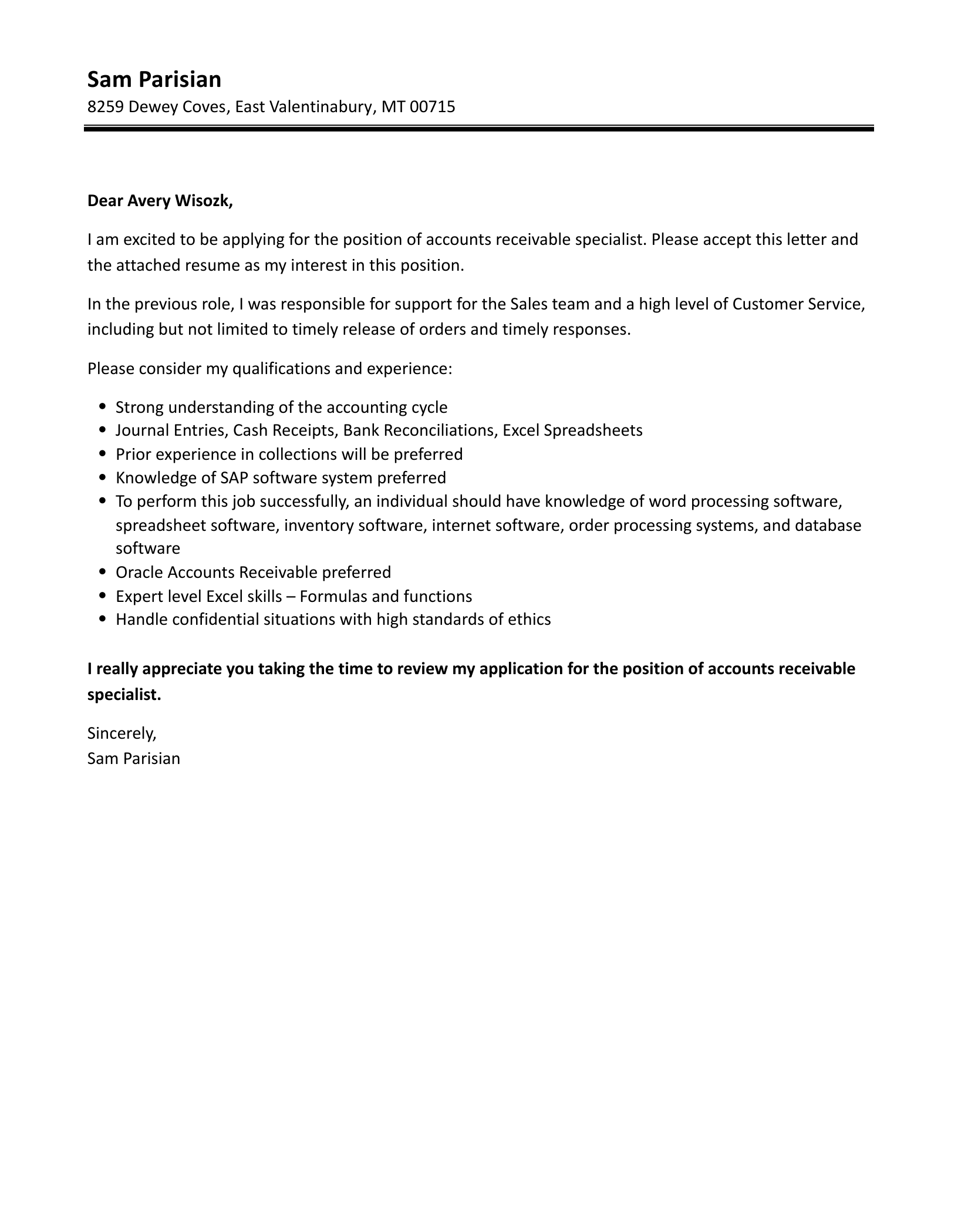 Accounts Receivable Specialist Application Letter Bank2home