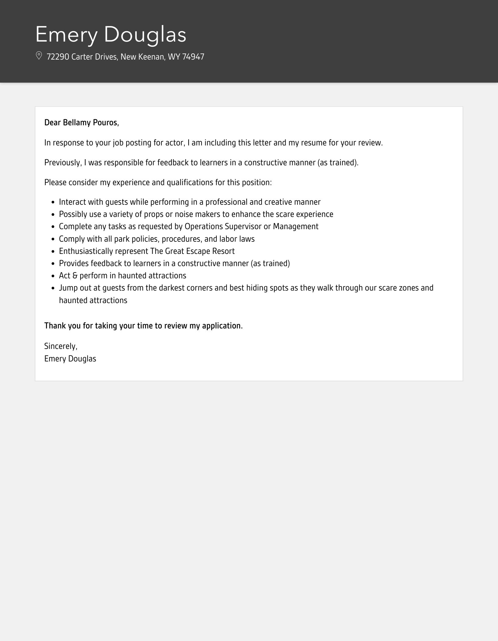 Actor Cover Letter Velvet Jobs
