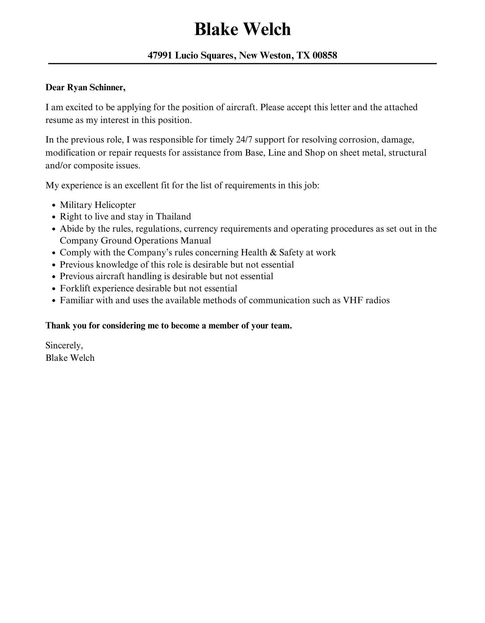 Aircraft Cover Letter Velvet Jobs