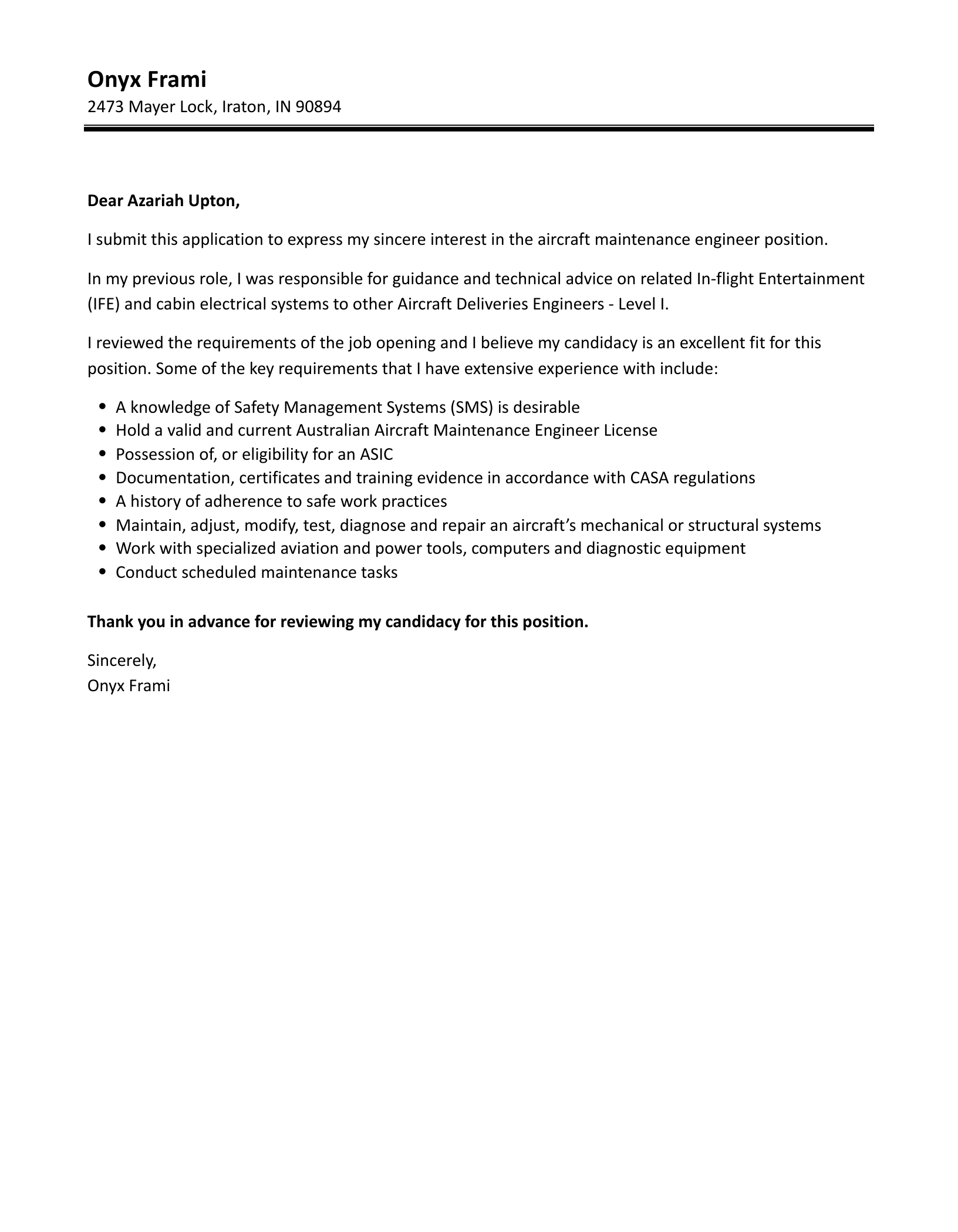 Aircraft Maintenance Engineer Cover Letter Velvet Jobs
