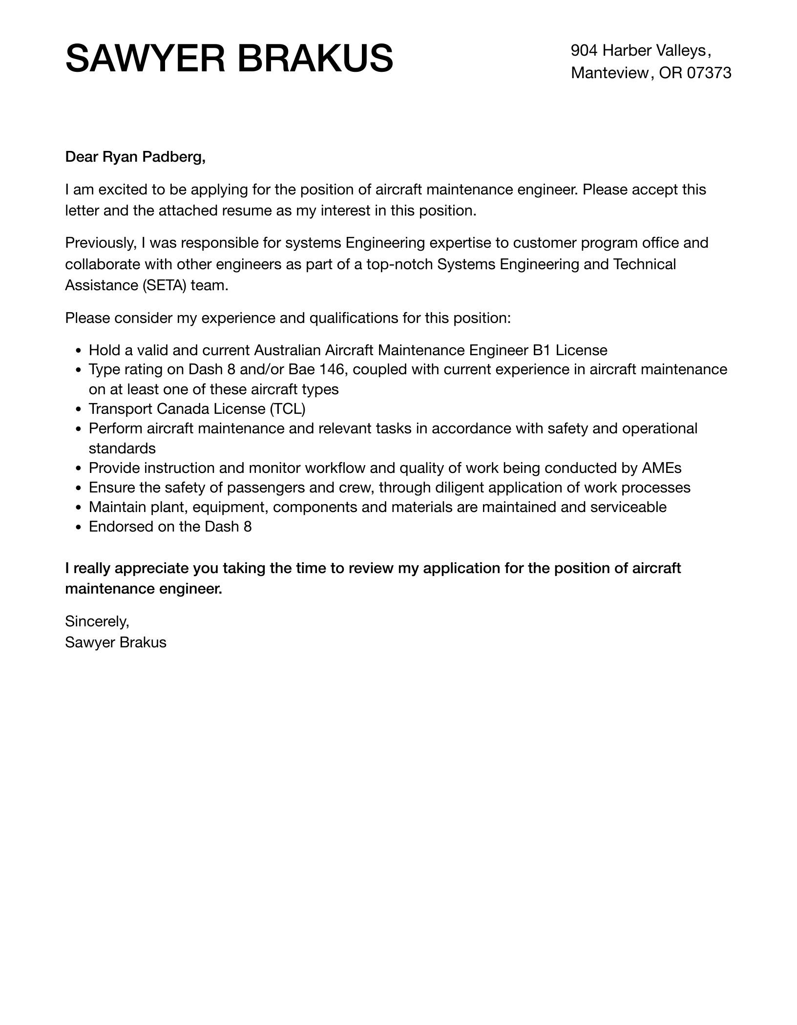 Aircraft Maintenance Engineer Cover Letter Velvet Jobs