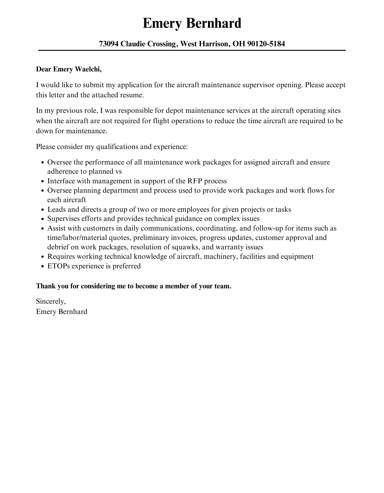 Aircraft Maintenance Supervisor Cover Letter Velvet Jobs