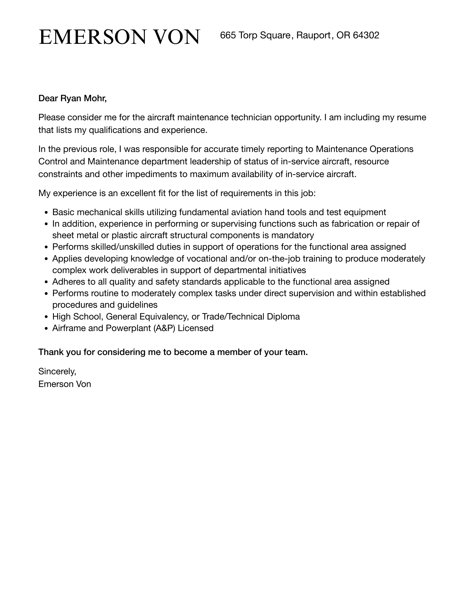 Aircraft Maintenance Technician Cover Letter Velvet Jobs