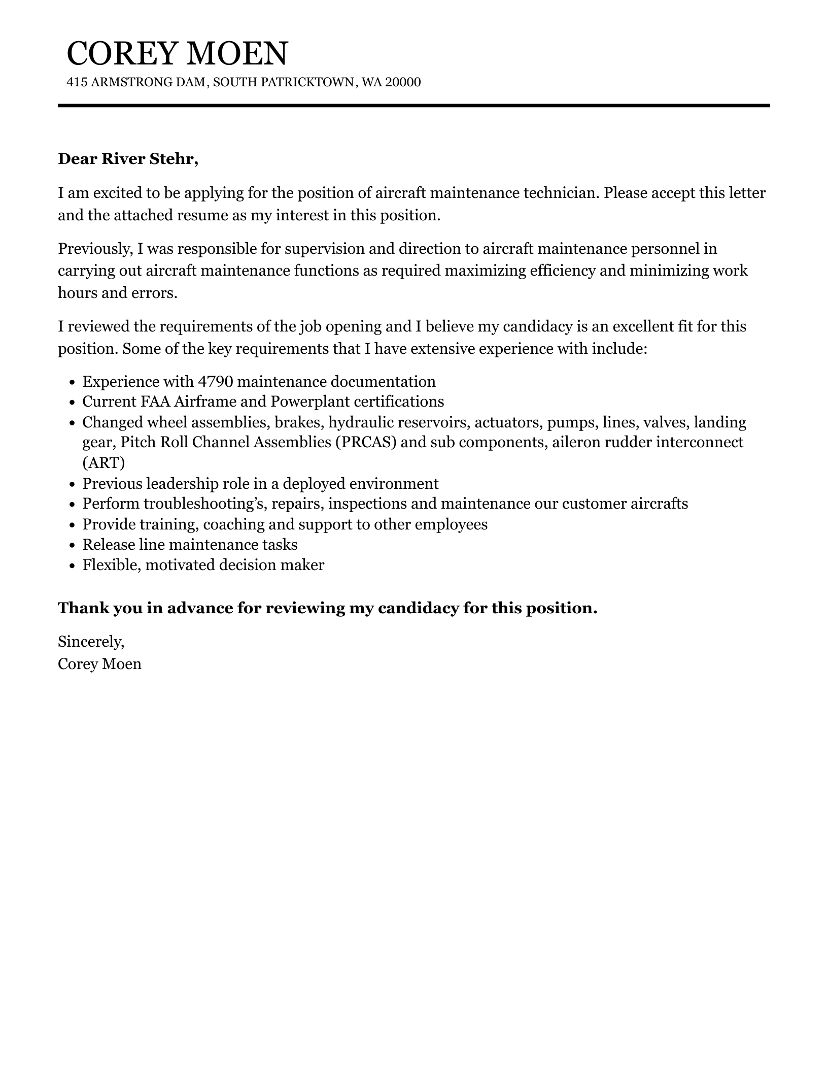 Aircraft Maintenance Technician Cover Letter Velvet Jobs