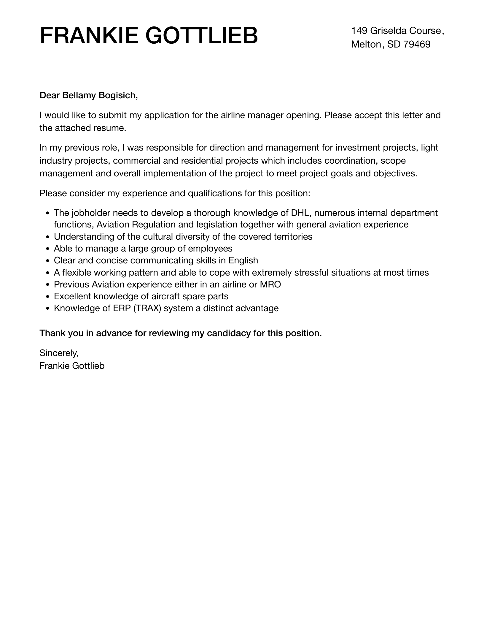 Airline Manager Cover Letter Velvet Jobs