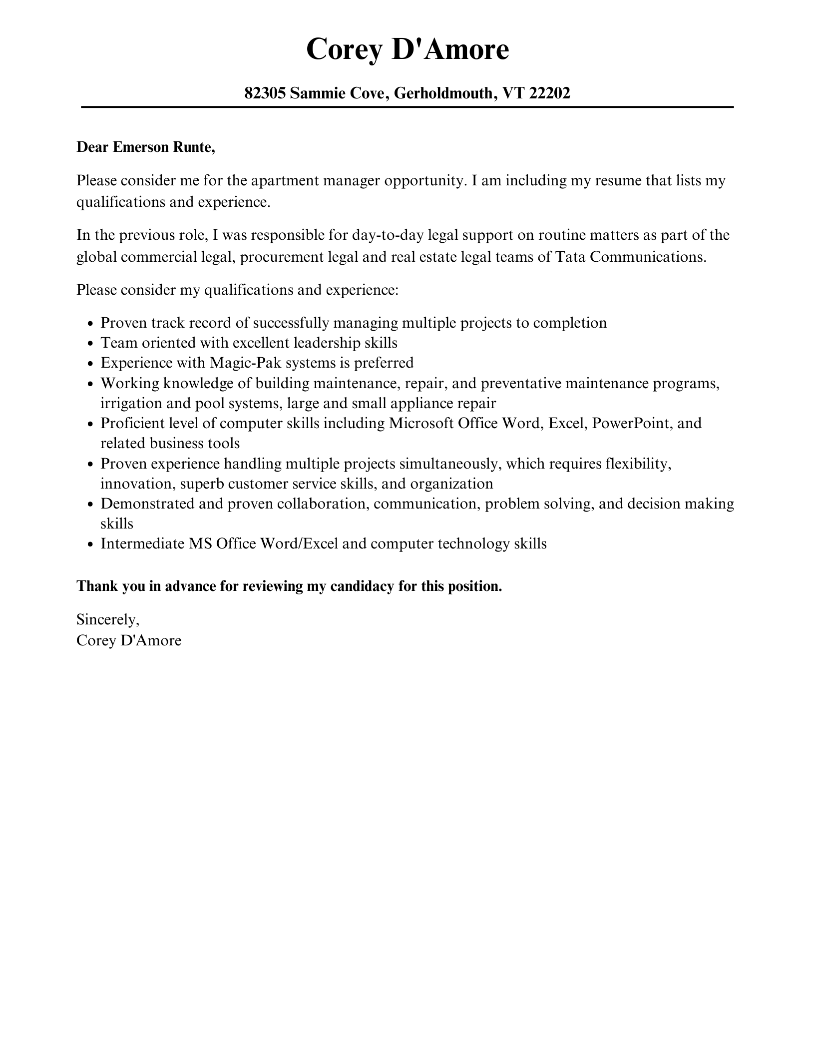 Apartment Manager Cover Letter Velvet Jobs