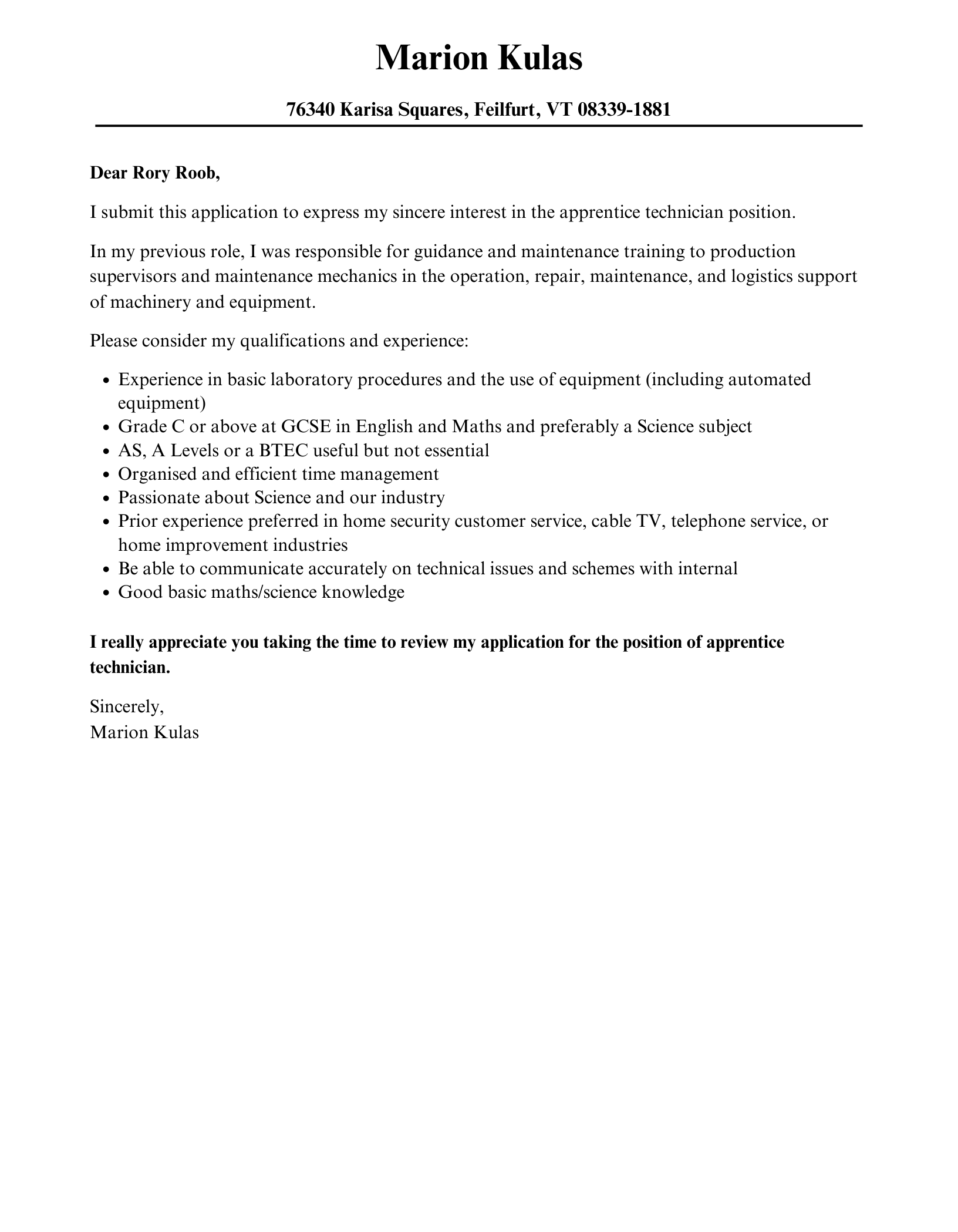 Apprentice Technician Cover Letter Velvet Jobs