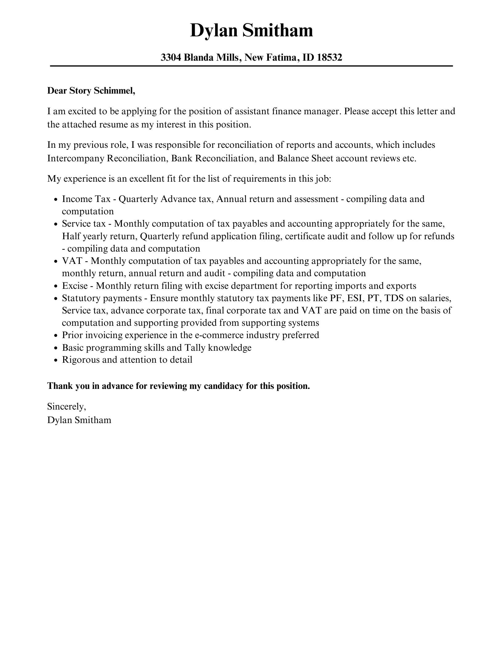 Assistant Finance Manager Cover Letter Velvet Jobs