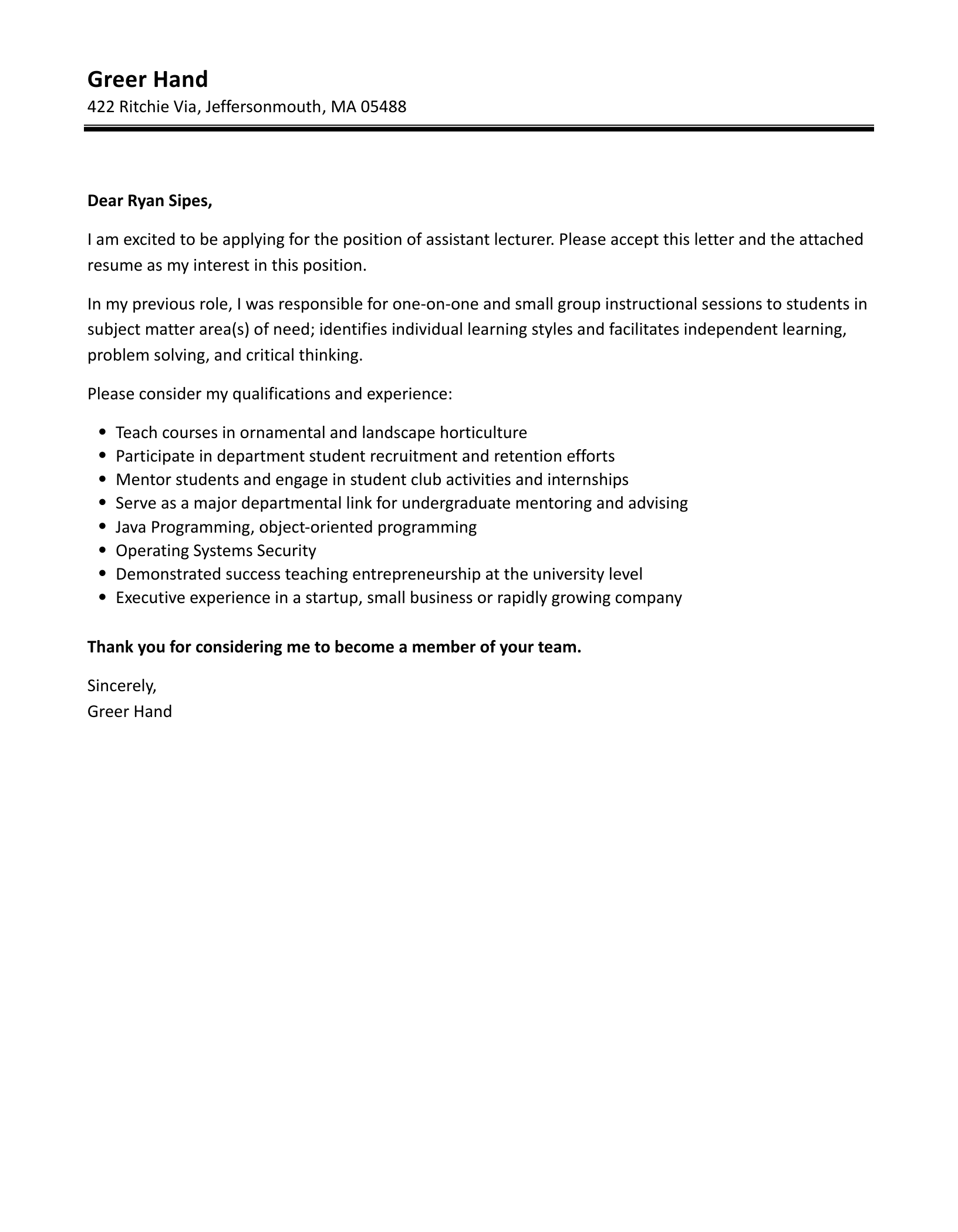 Assistant Lecturer Cover Letter Velvet Jobs