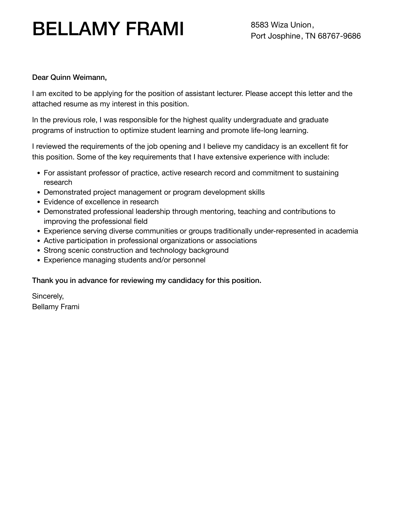 Assistant Lecturer Cover Letter Velvet Jobs