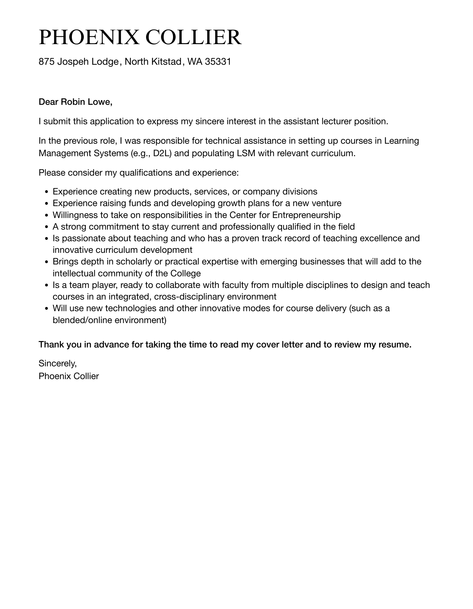 Assistant Lecturer Cover Letter Velvet Jobs