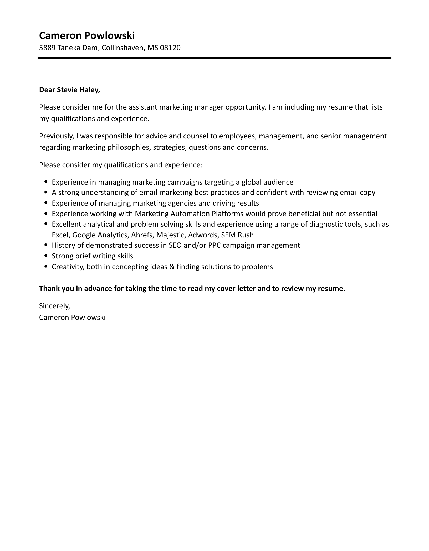 Assistant Marketing Manager Cover Letter Velvet Jobs