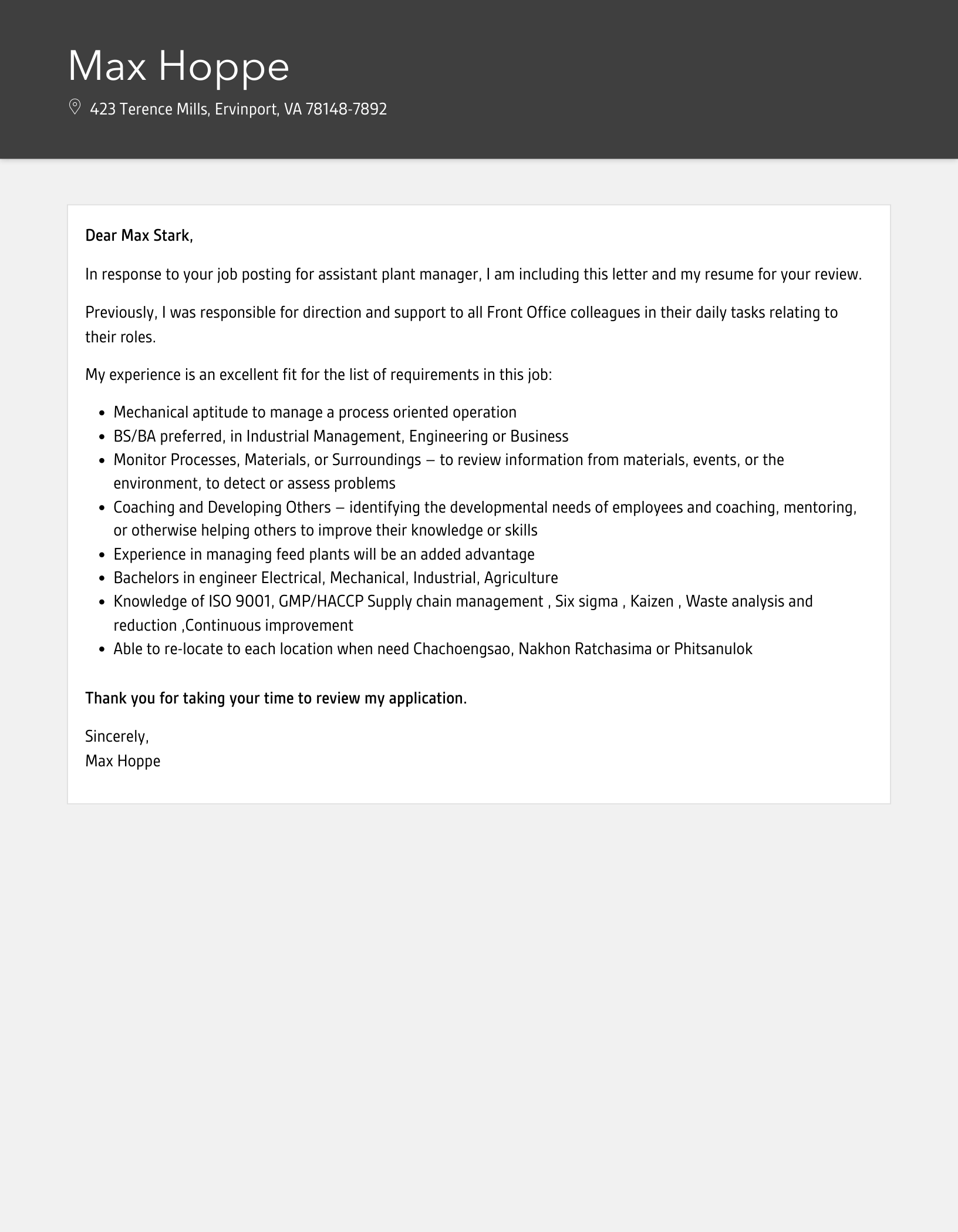 Assistant Plant Manager Cover Letter Velvet Jobs