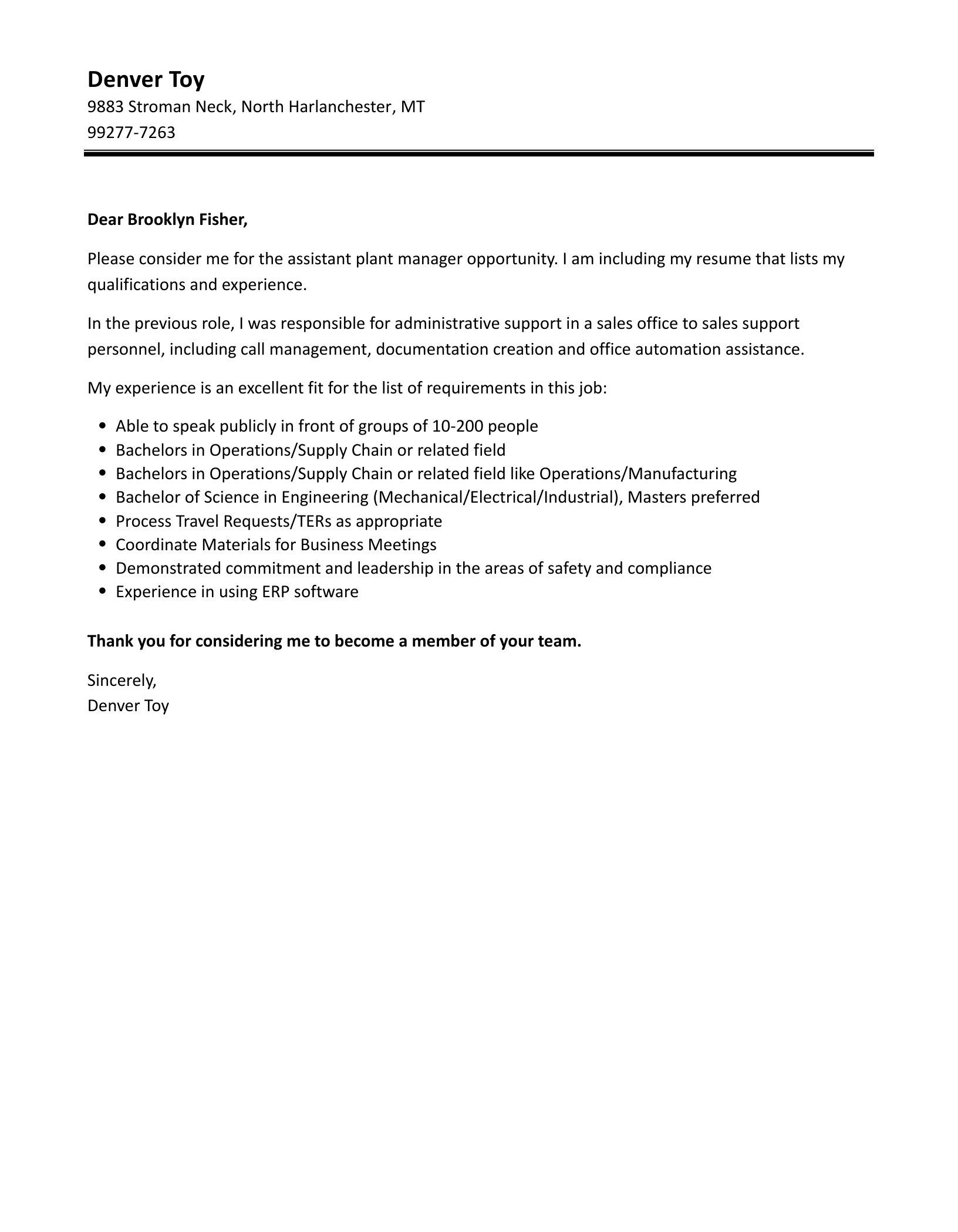 Assistant Plant Manager Cover Letter Velvet Jobs