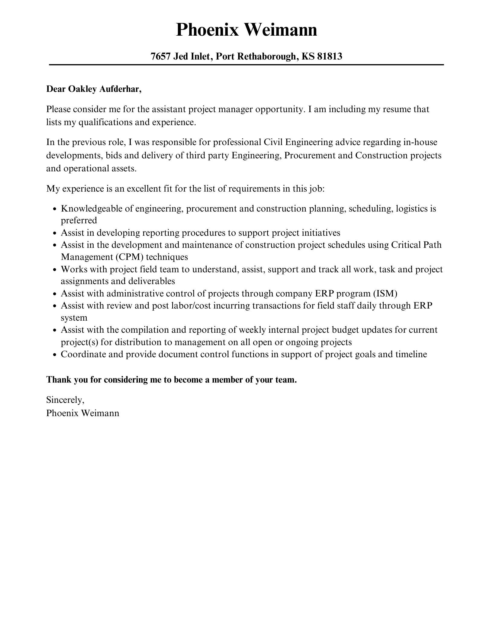 Assistant Project Manager Cover Letter Velvet Jobs