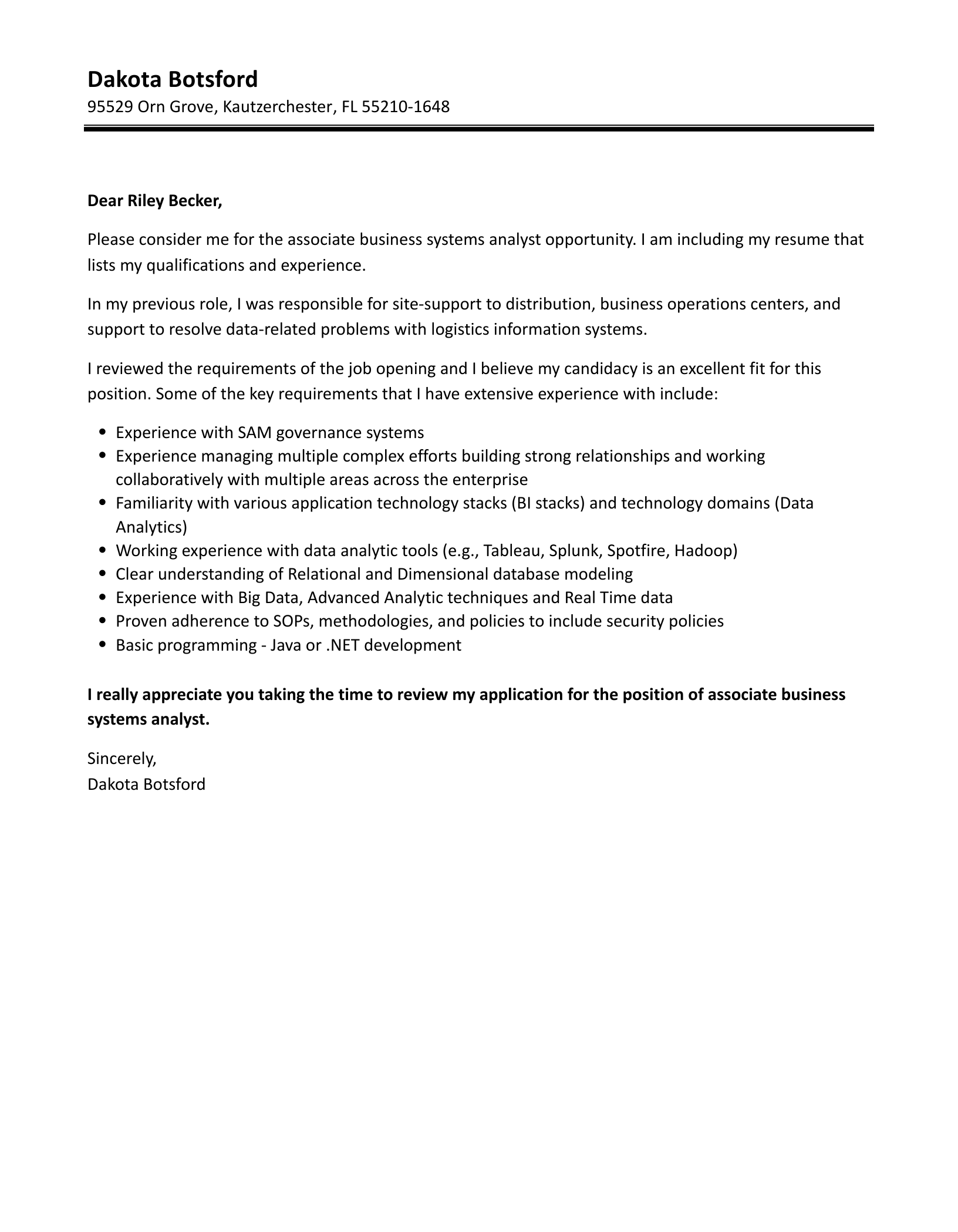 Associate Business Systems Analyst Cover Letter Velvet Jobs
