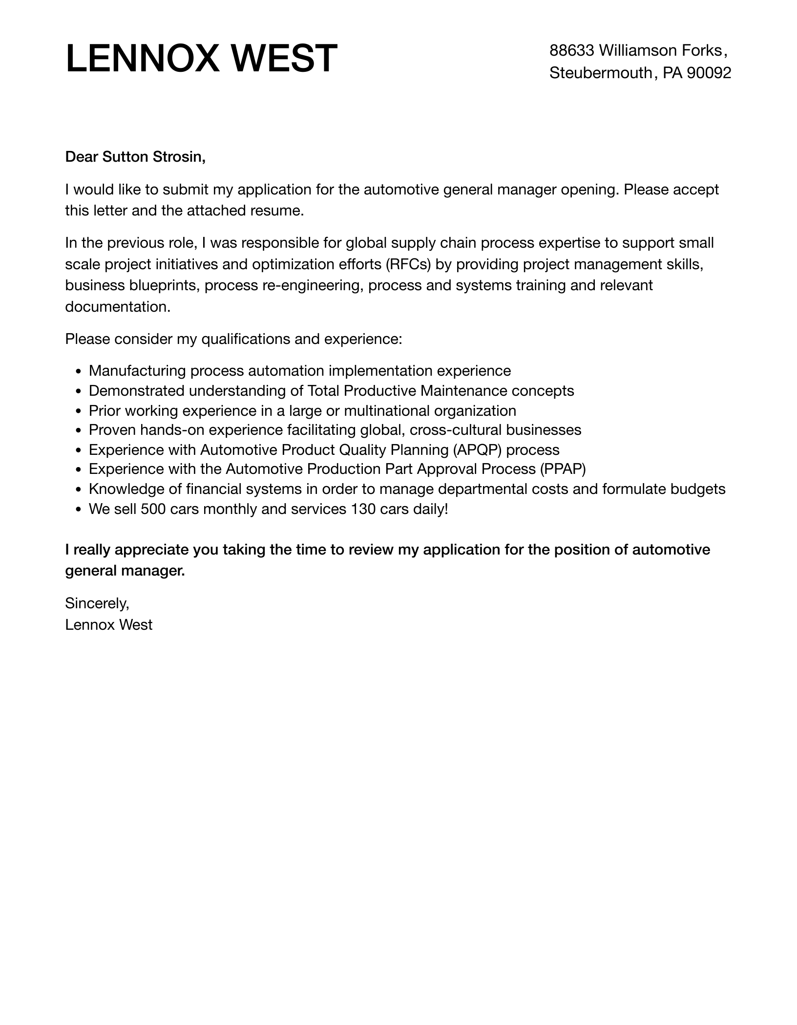Automotive General Manager Cover Letter Velvet Jobs