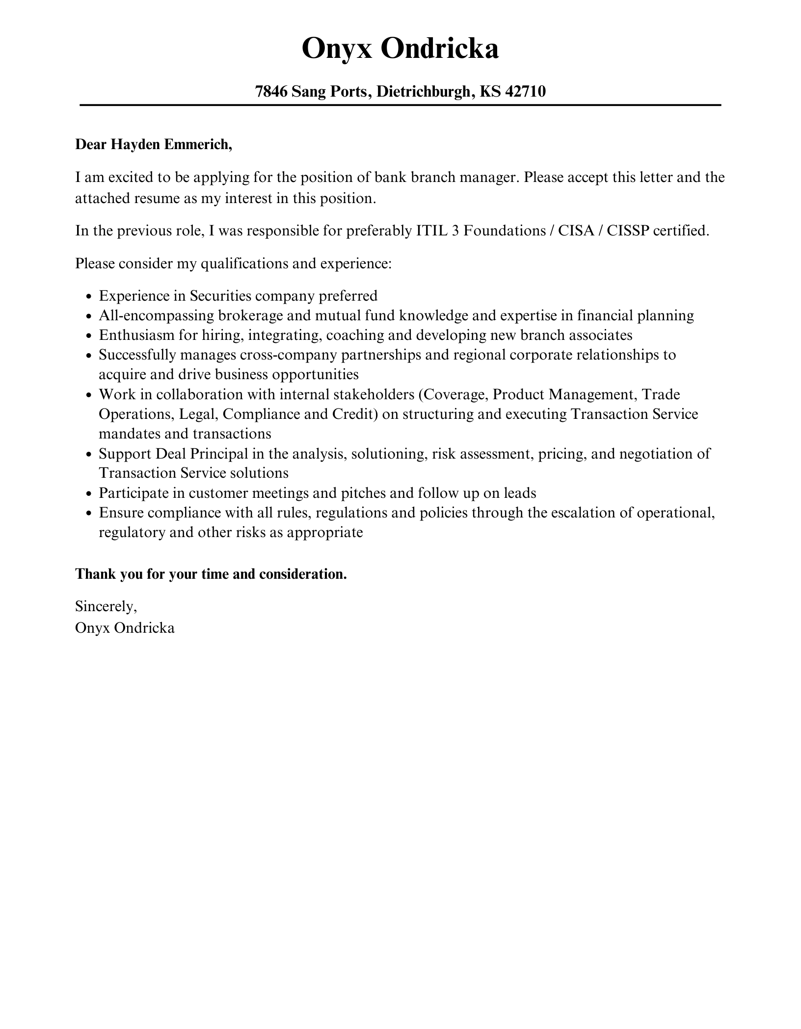Bank Branch Manager Cover Letter Velvet Jobs