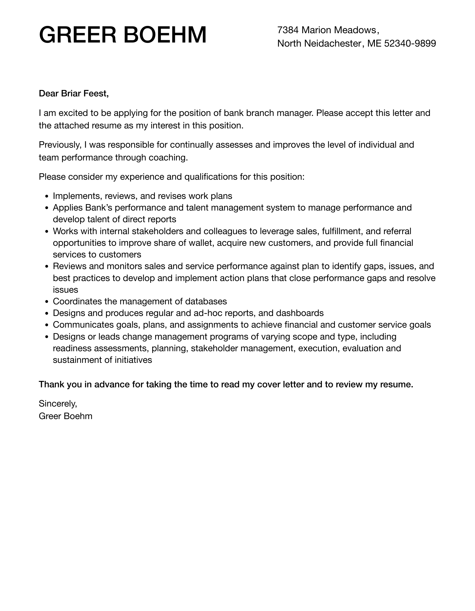 Bank Branch Manager Cover Letter Velvet Jobs