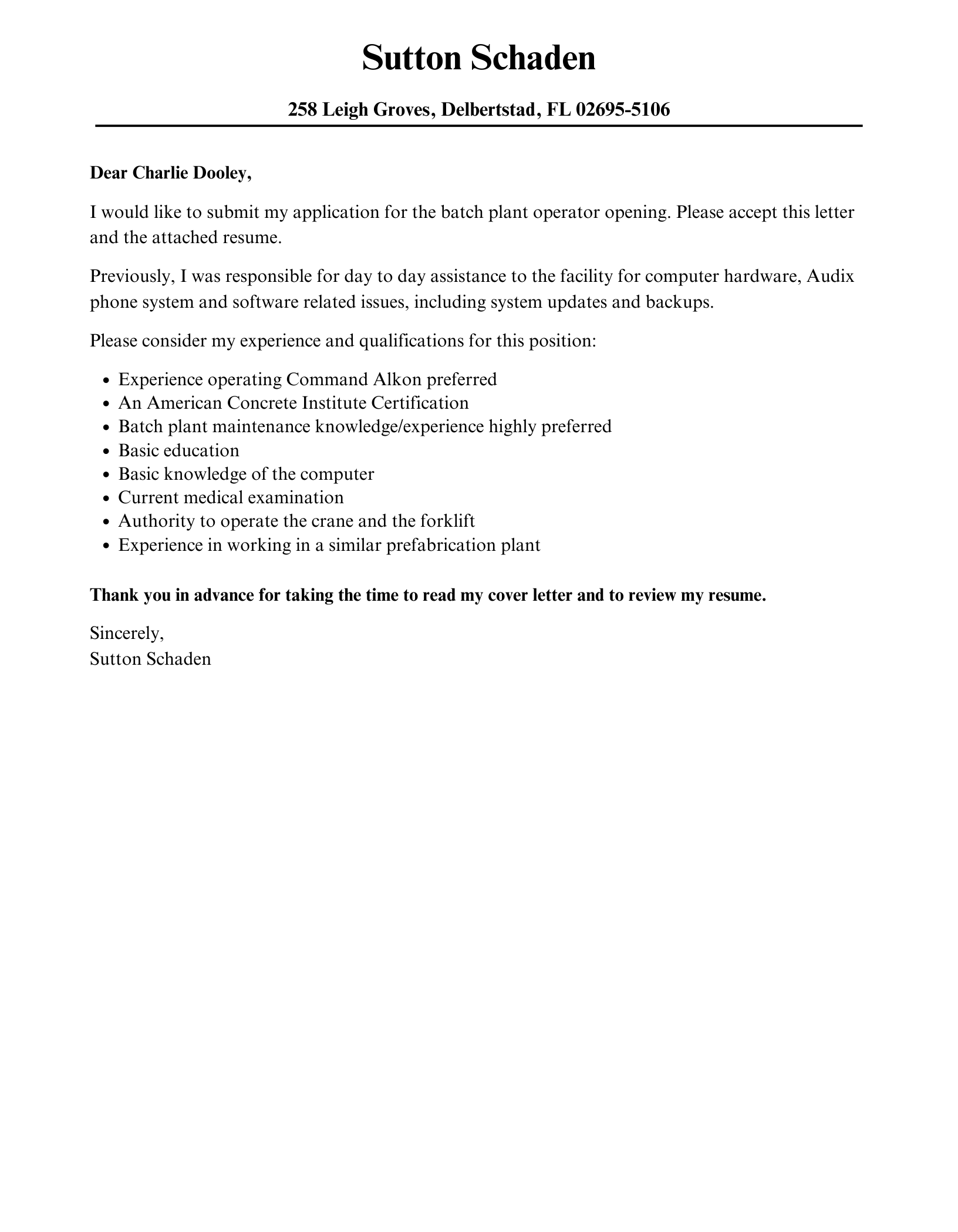 Batch Plant Operator Cover Letter Velvet Jobs