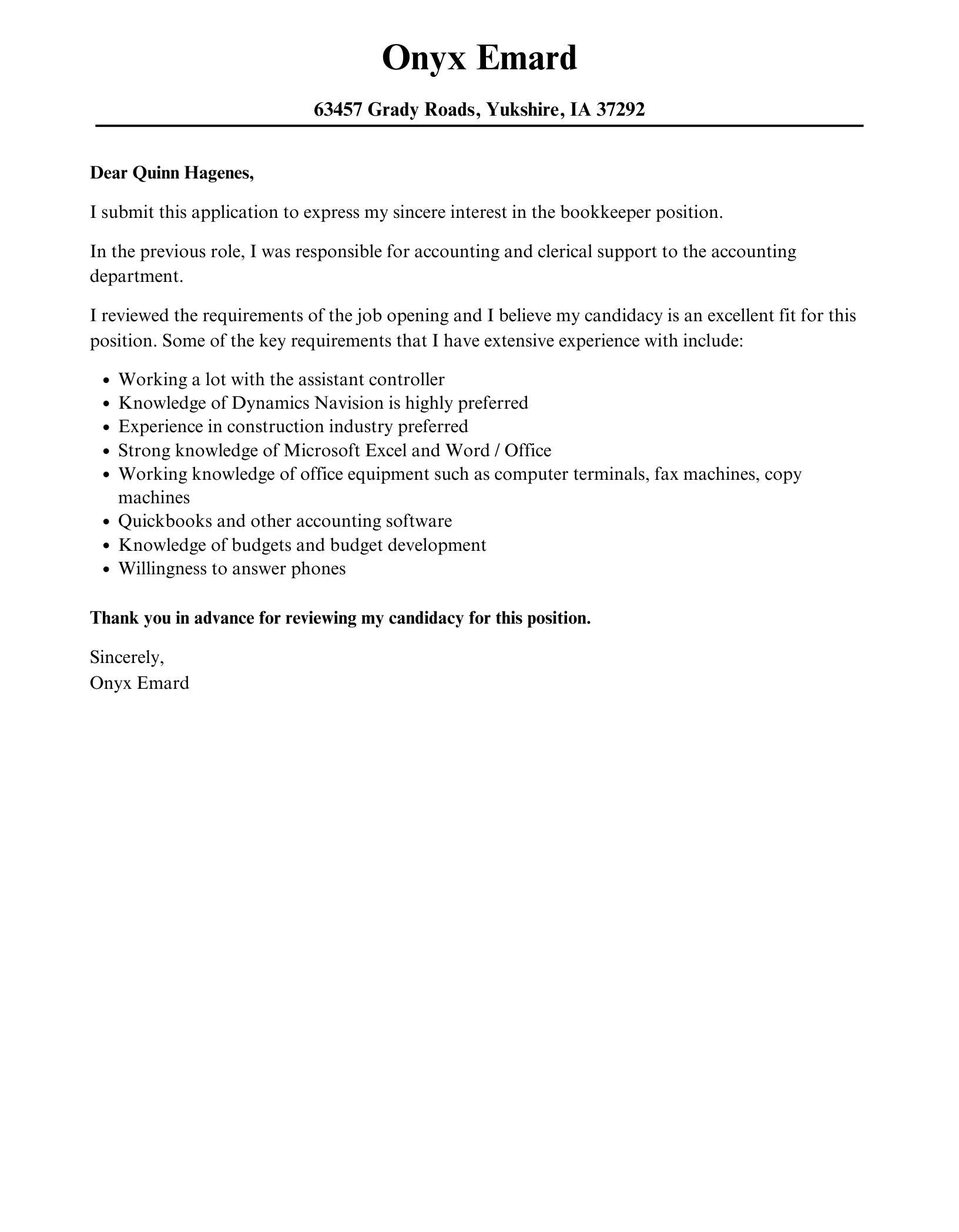 Bookkeeper Cover Letter Velvet Jobs