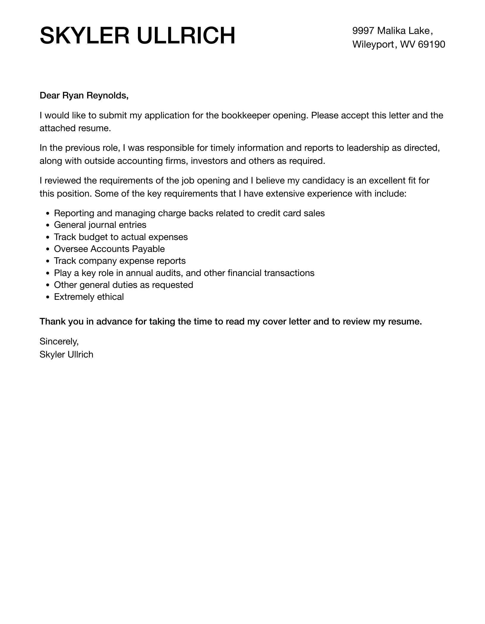 Bookkeeper Cover Letter Velvet Jobs