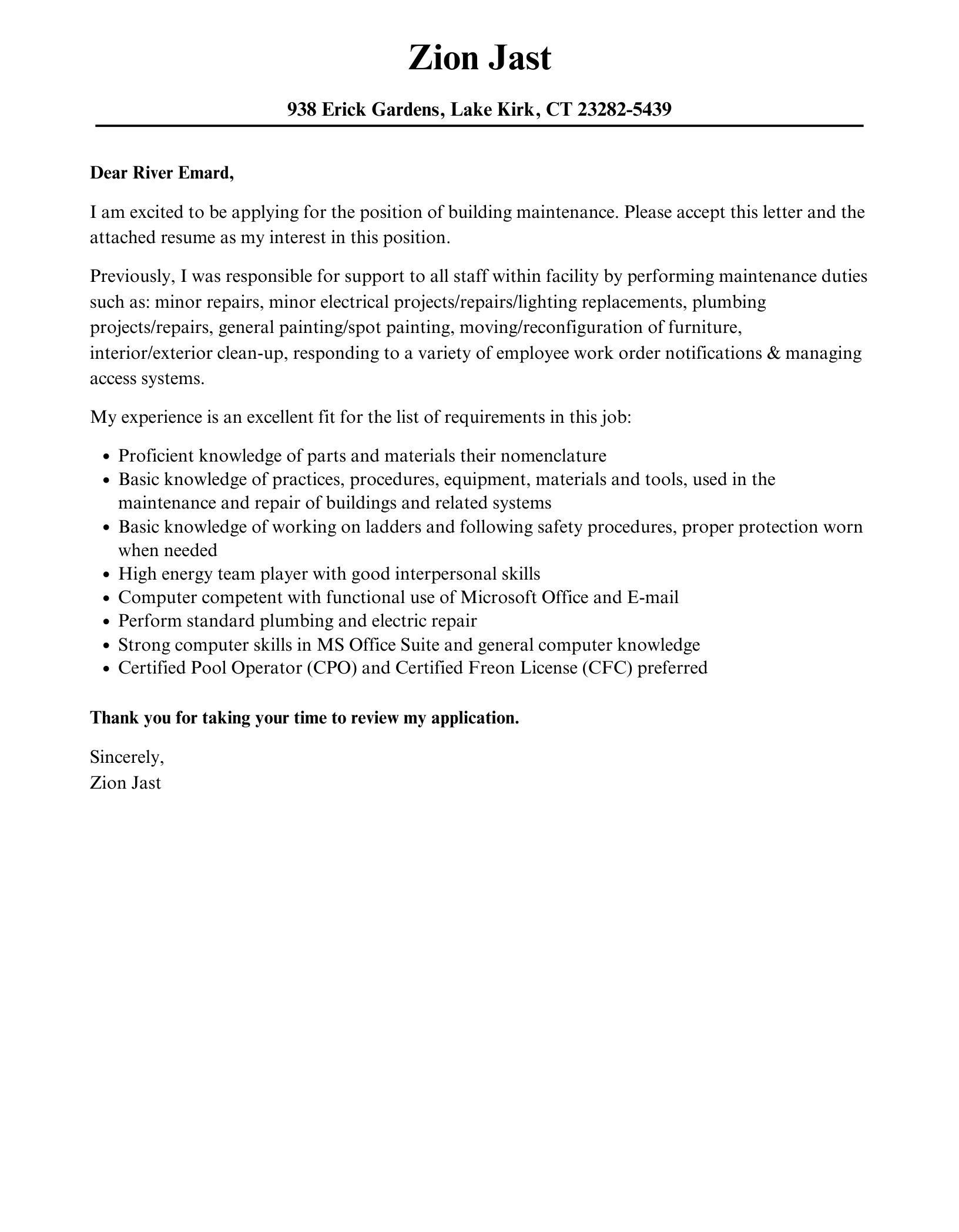 Building Maintenance Cover Letter Velvet Jobs
