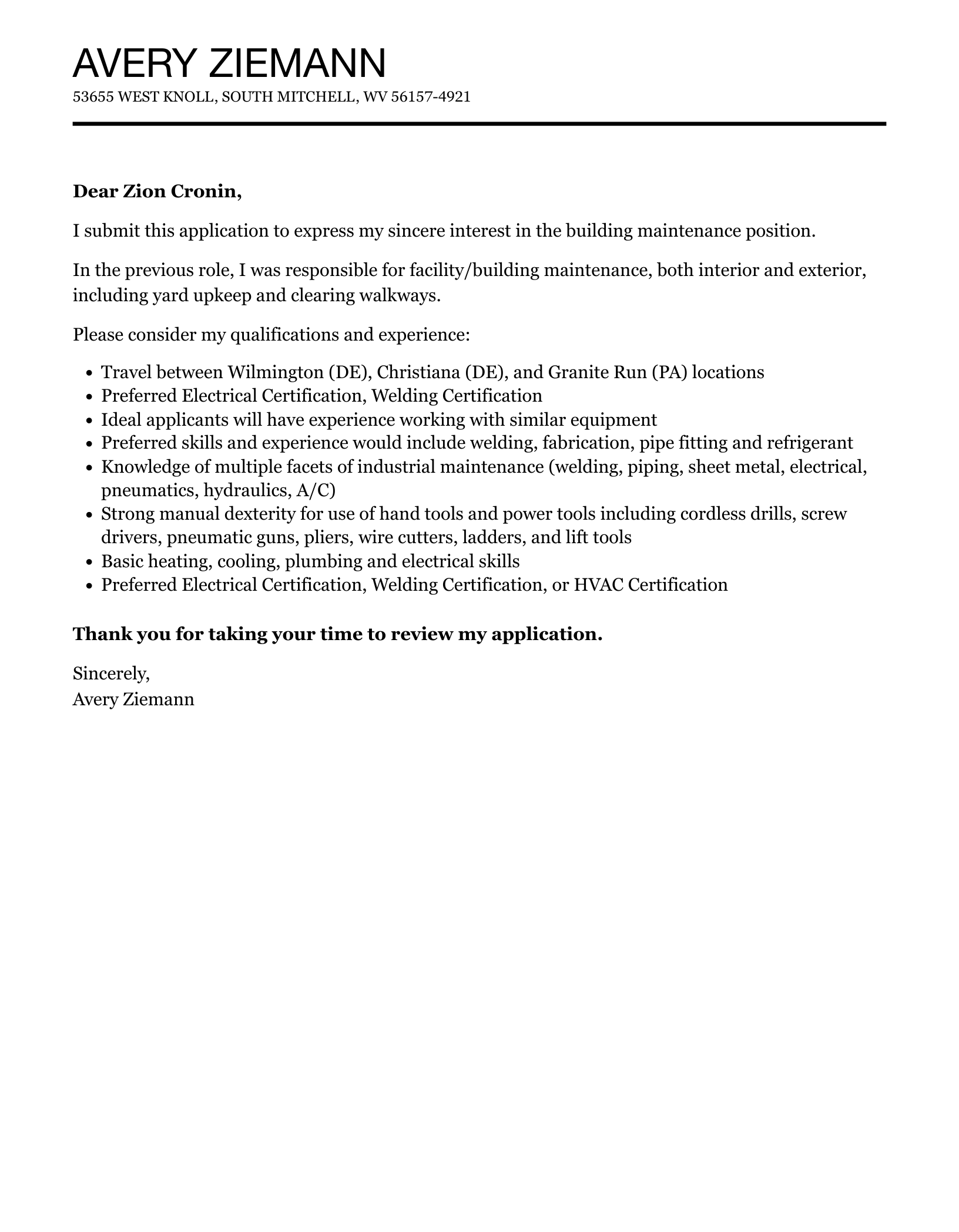 Building Maintenance Cover Letter Velvet Jobs