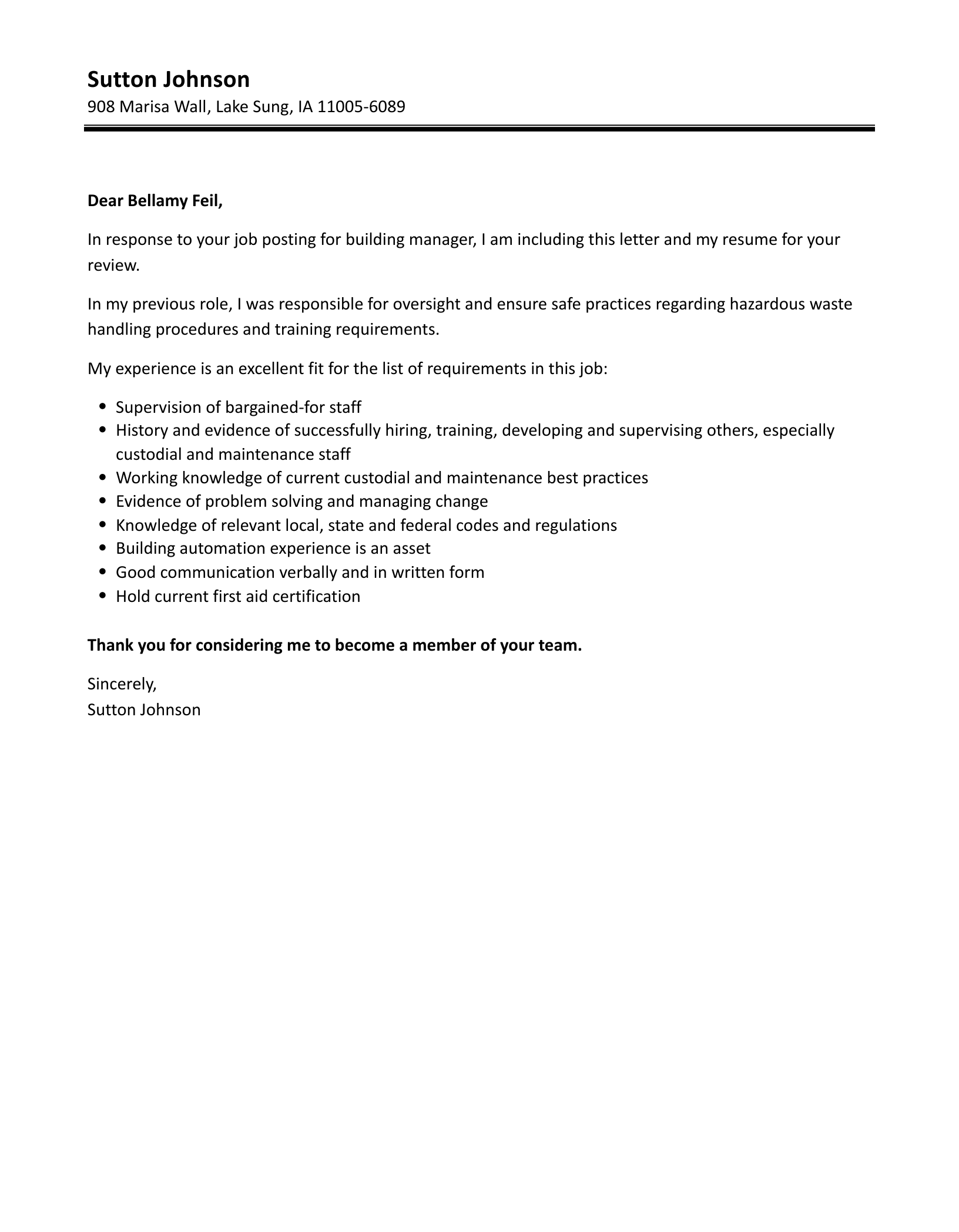 Building Manager Cover Letter Velvet Jobs