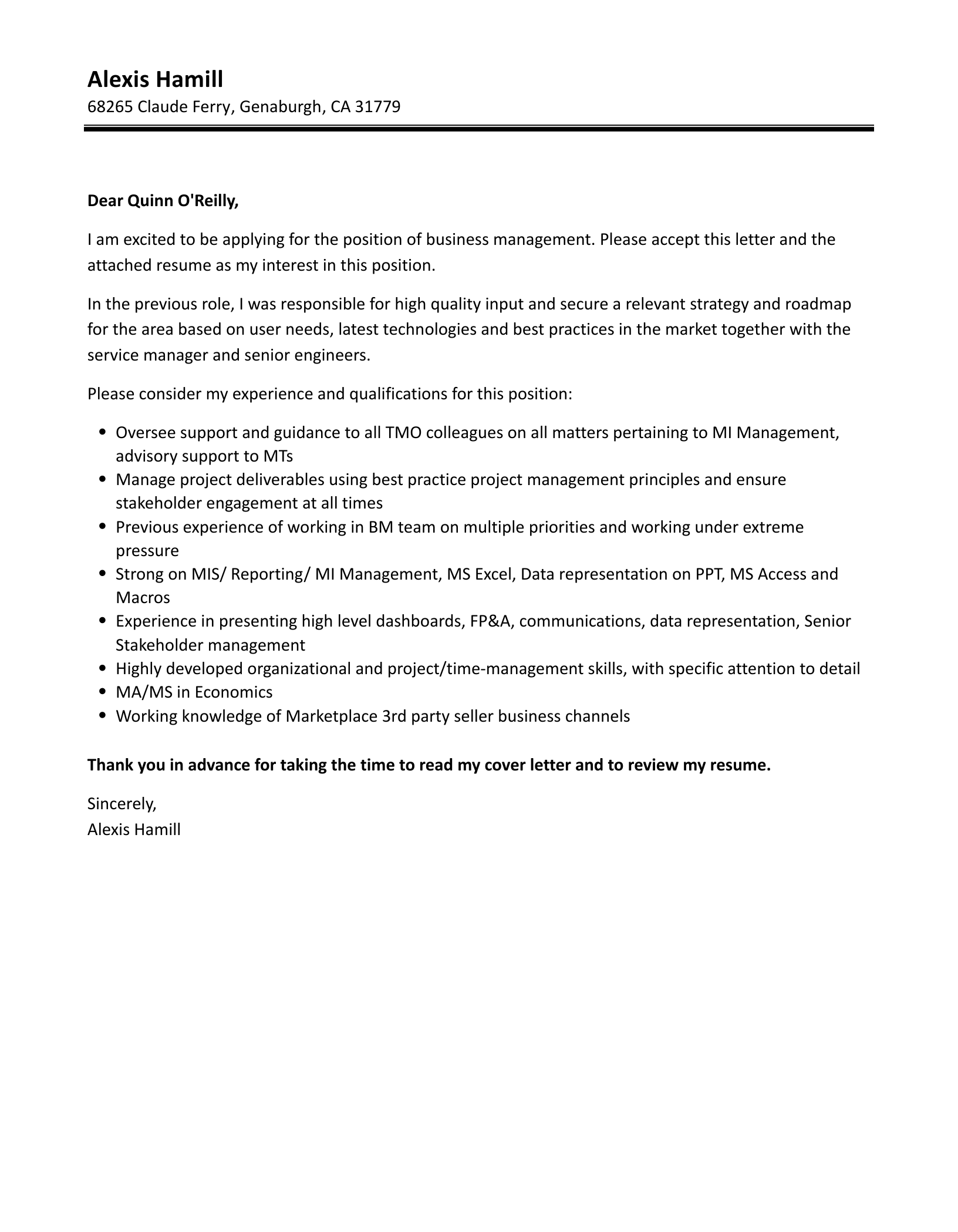 Business Management Cover Letter Velvet Jobs