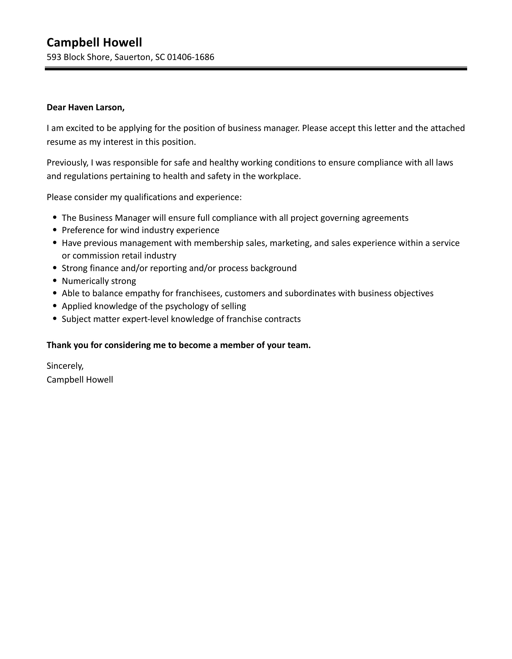 Business Manager Cover Letter Velvet Jobs