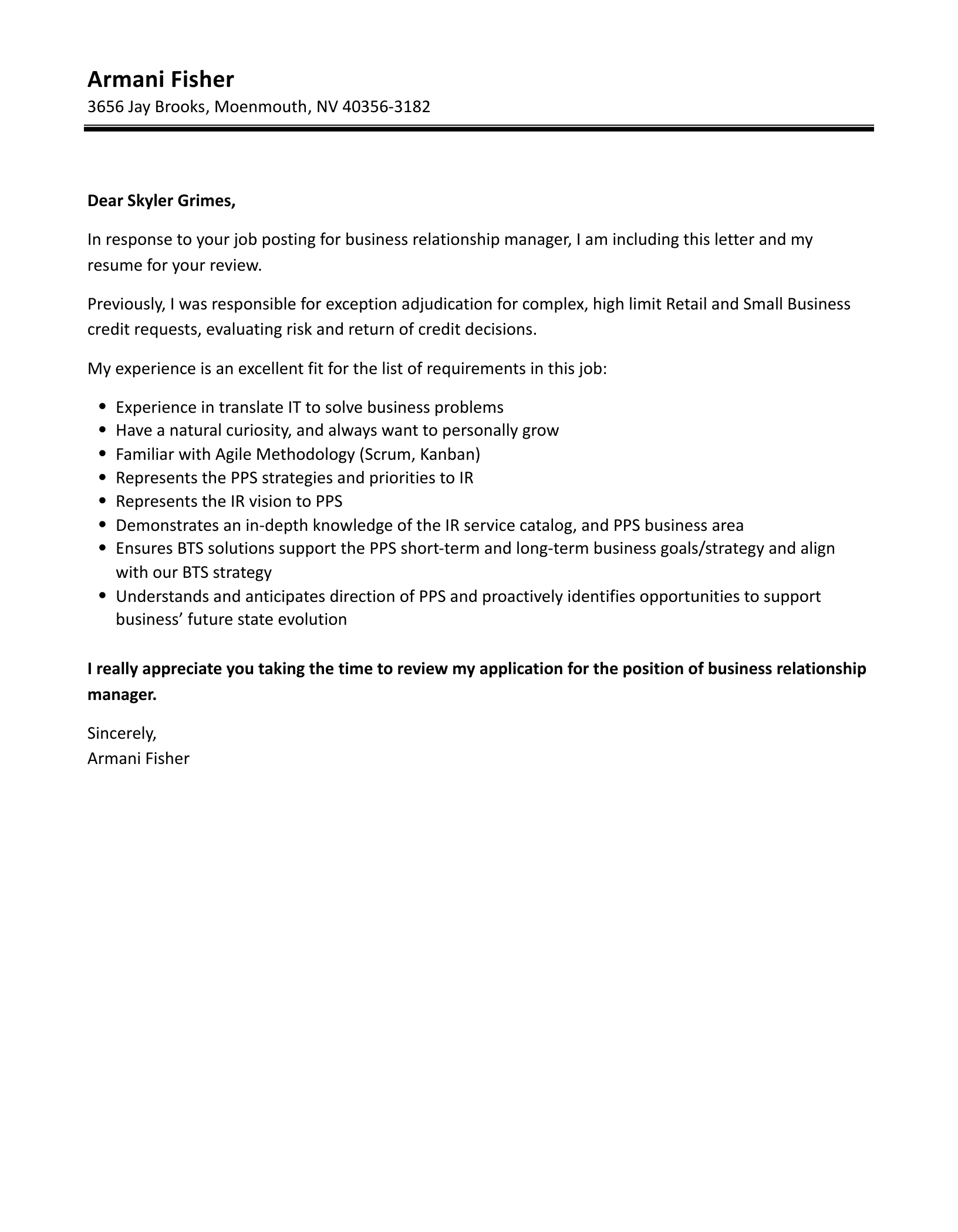 Business Relationship Manager Cover Letter Velvet Jobs