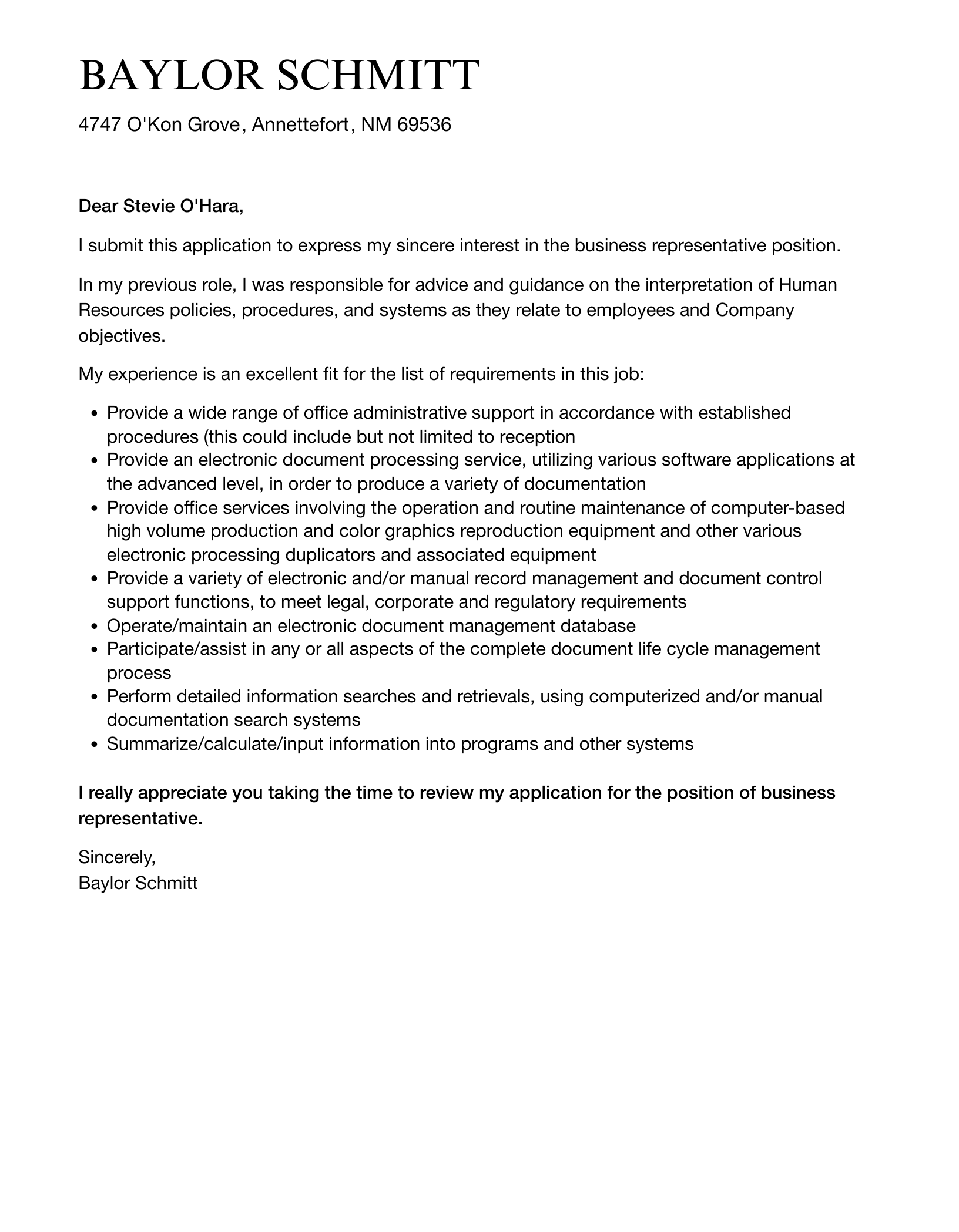 Business Representative Cover Letter Velvet Jobs