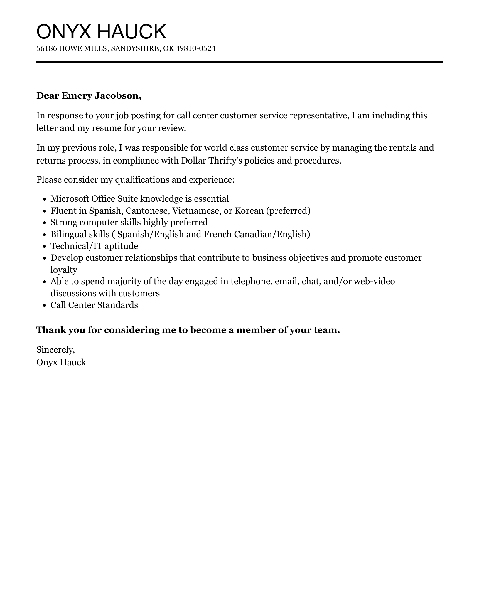 Call Center Customer Service Representative Cover Letter Velvet Jobs