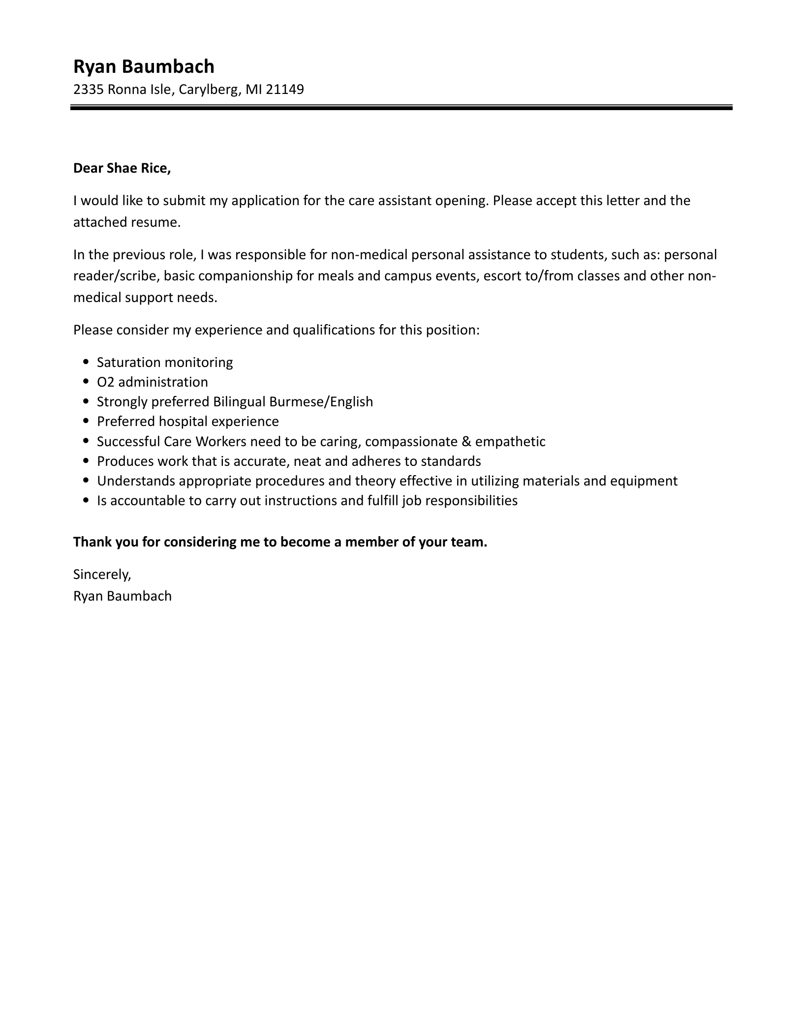 Care Assistant Cover Letter Velvet Jobs
