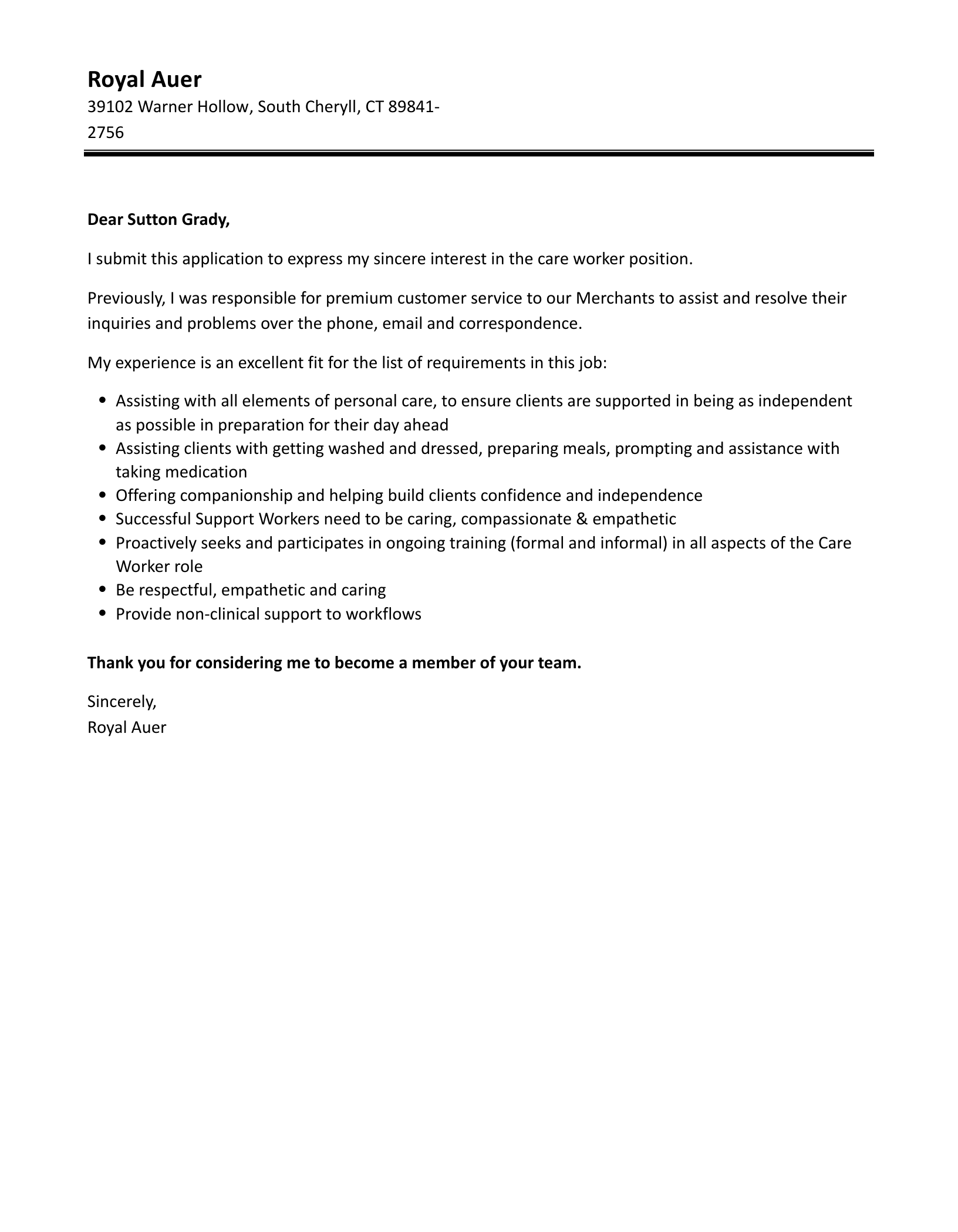 Care Worker Cover Letter Velvet Jobs