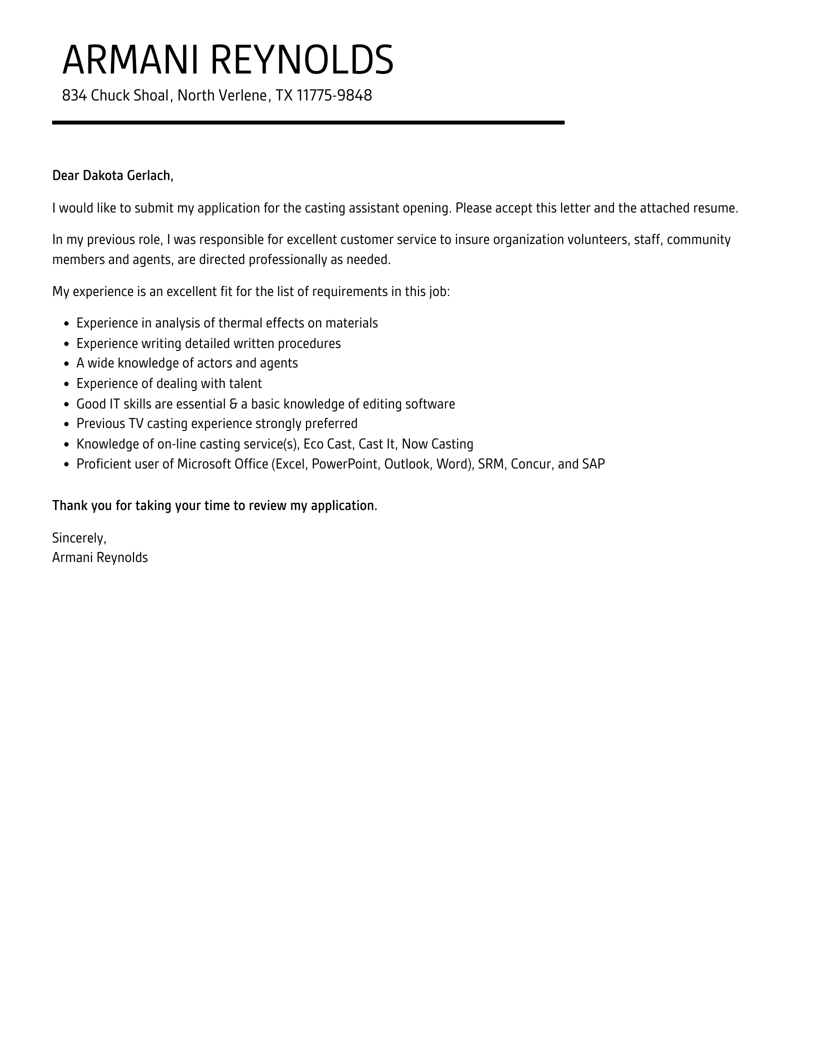 Casting Assistant Cover Letter Velvet Jobs