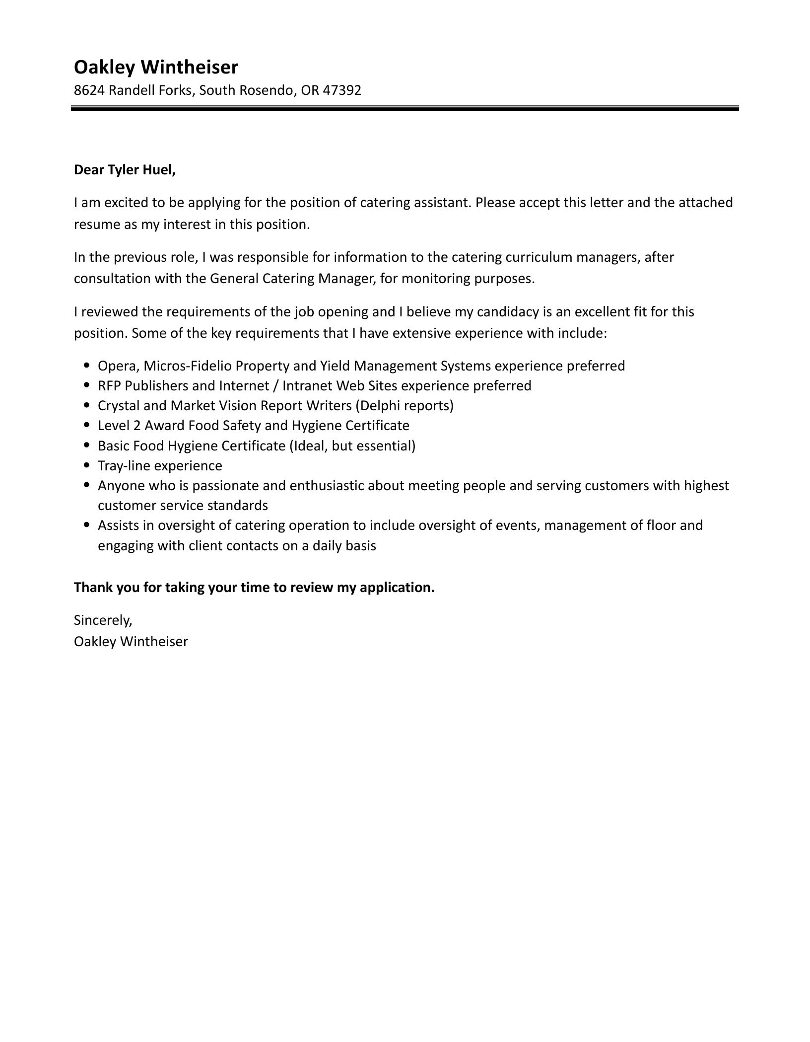 Catering Assistant Cover Letter Velvet Jobs