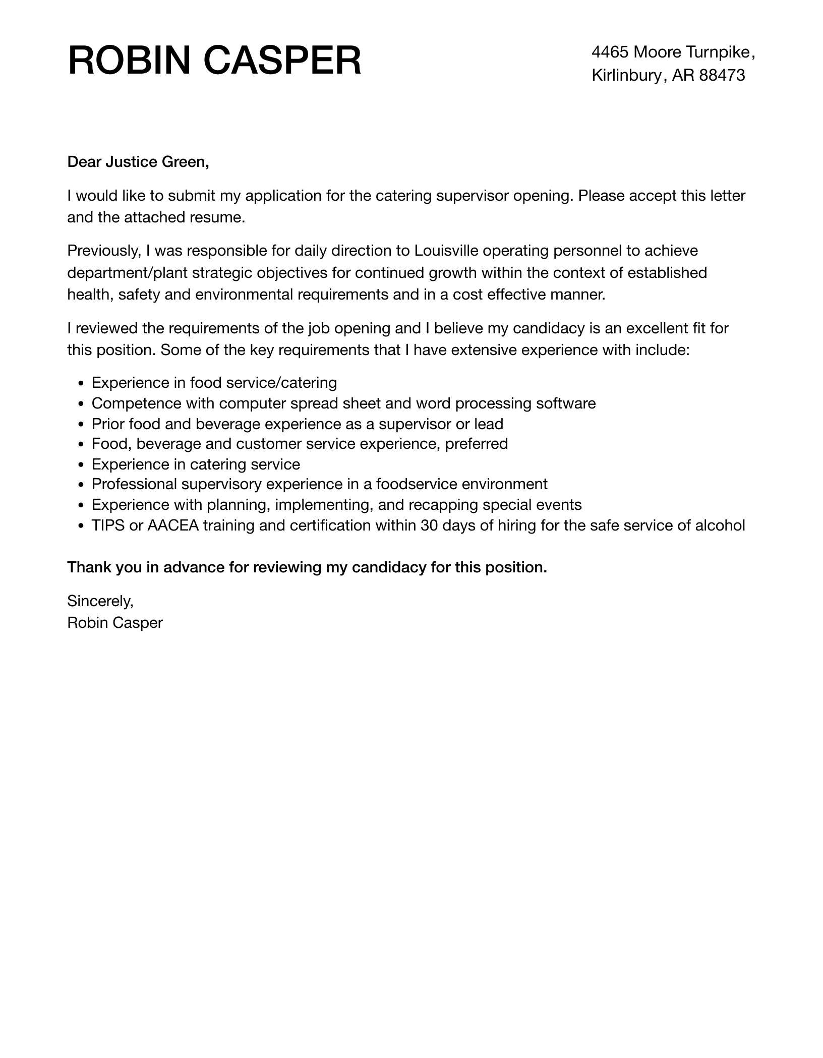 Catering Supervisor Cover Letter Velvet Jobs Catering Supervisor Cover Letter Velvet Jobs