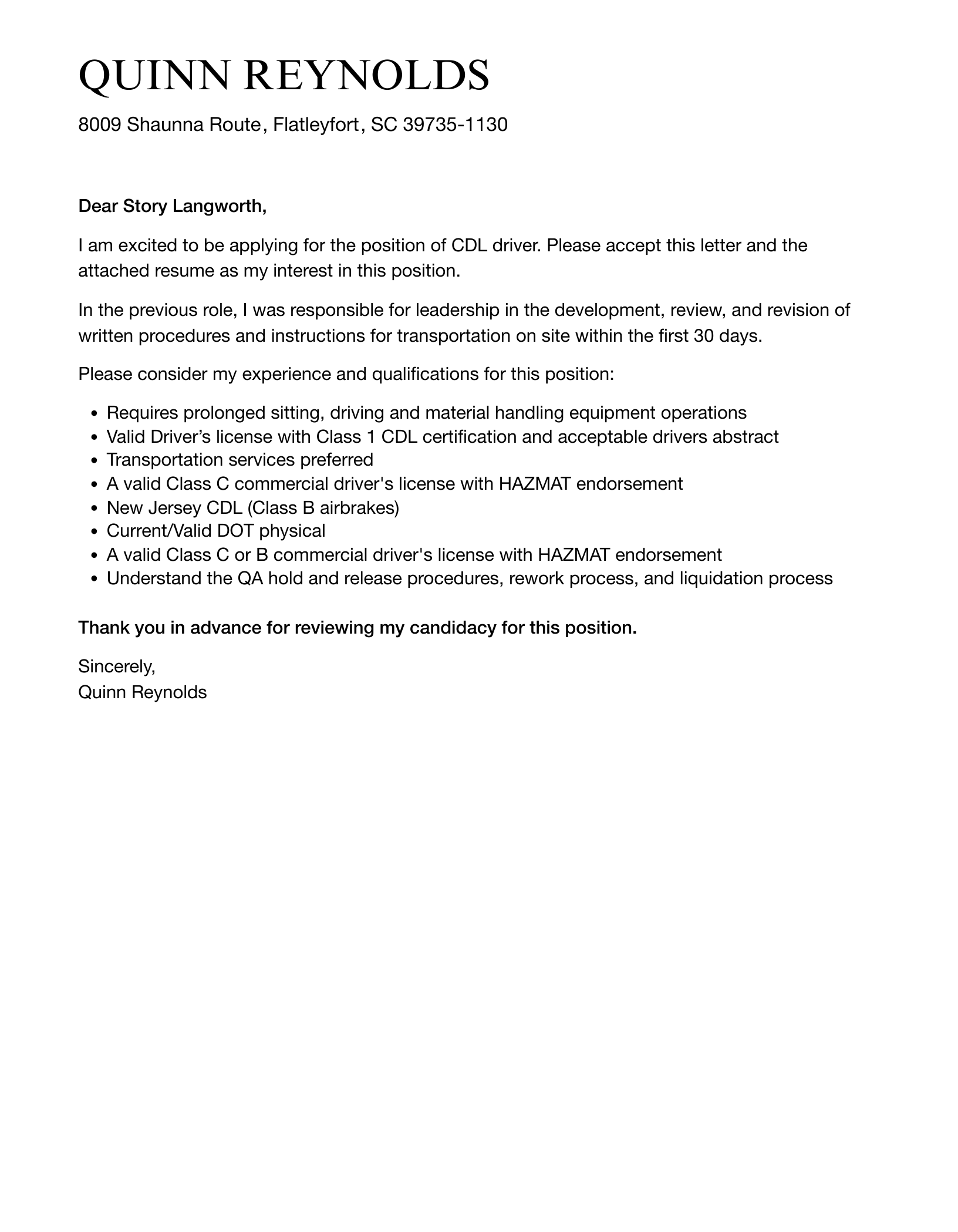 CDL Driver Cover Letter Velvet Jobs