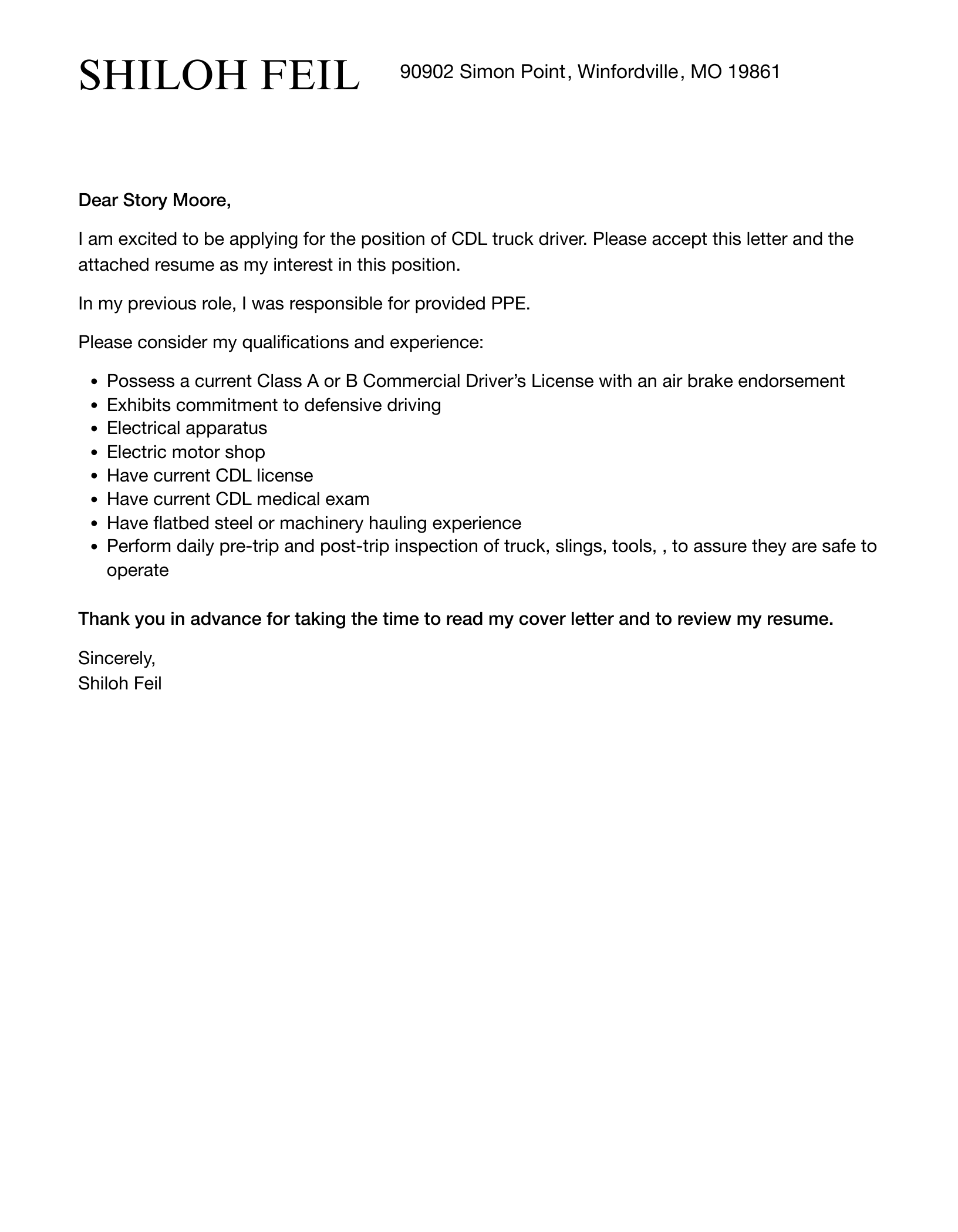 CDL Truck Driver Cover Letter Velvet Jobs